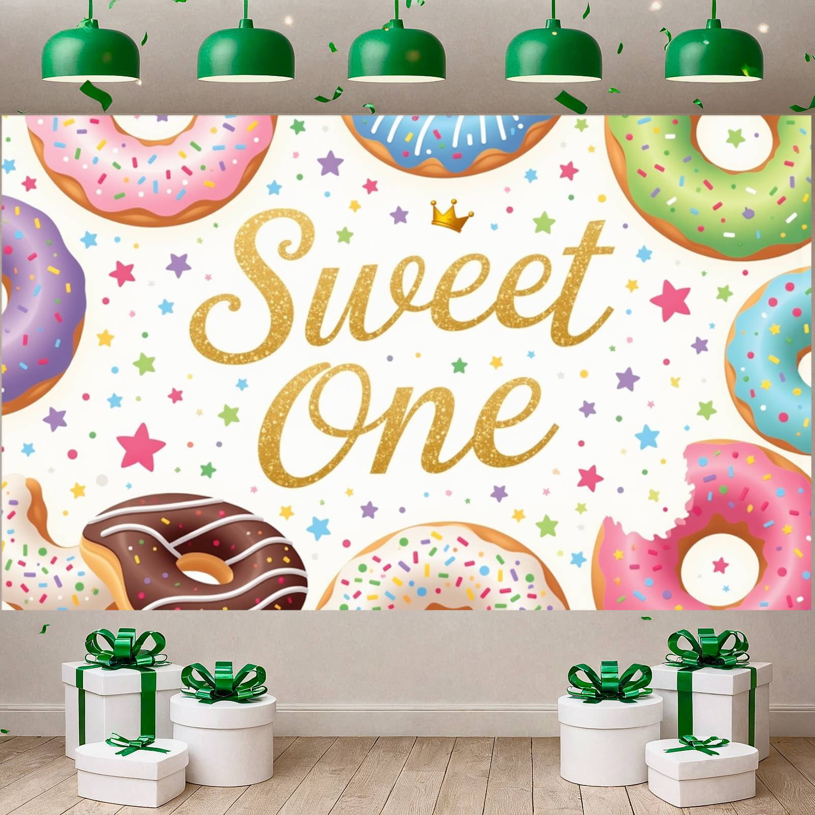Donut Pattern Sweet One Banner Colorful Sprinkles 1st Birthday Display ...