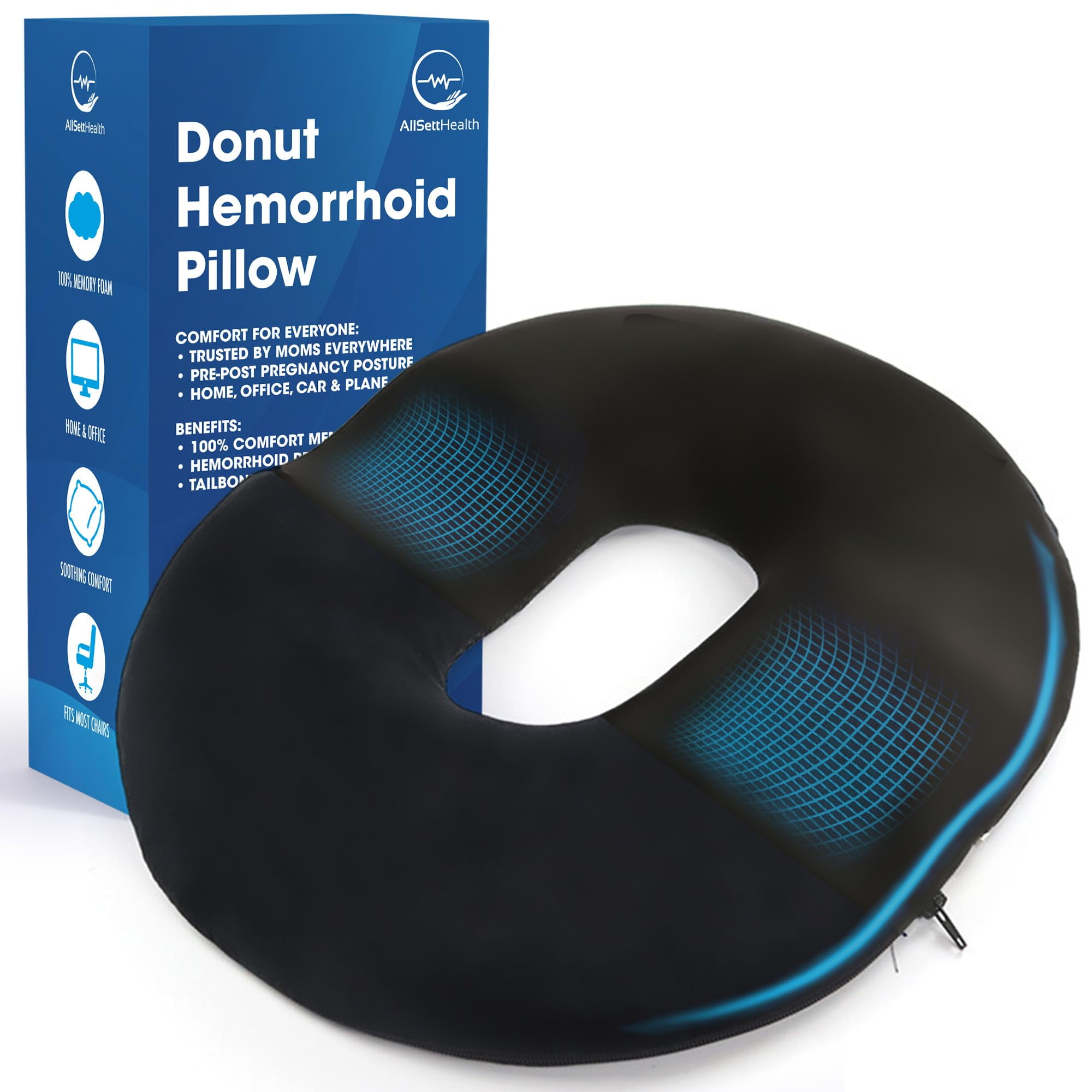 Donut Pillow with Non-Slip Washable Cover - Coccyx & Hemorrhoid Seat ...