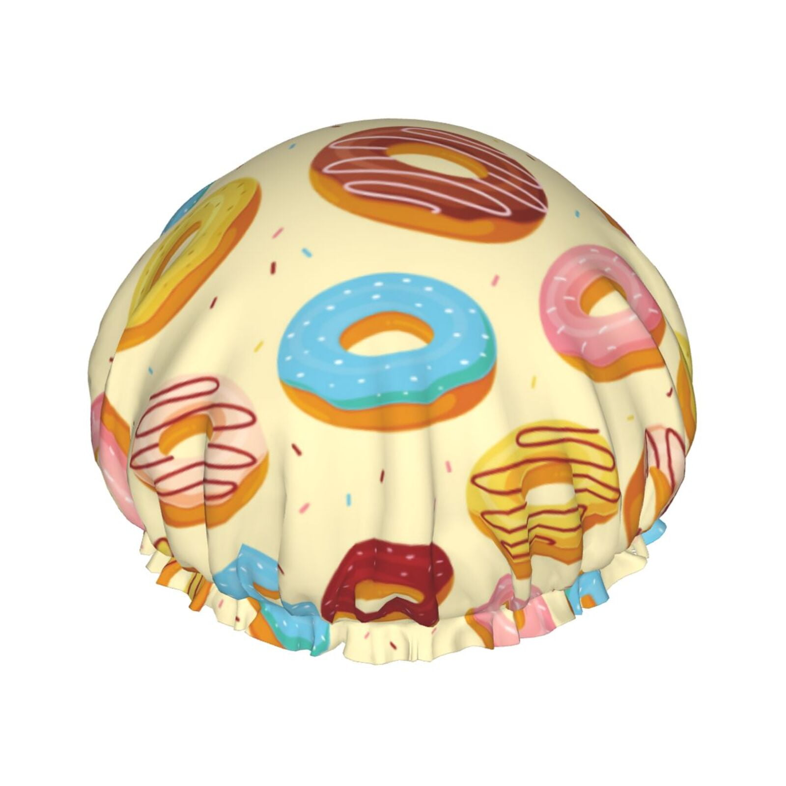 Donut Print Light Yellow Shower Cap, Reusable Bath Hair Hat for all ...