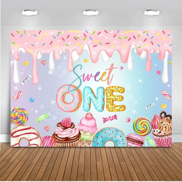 Donut Sweet One Backdrop for Girl Blue First Birthday Decorations ...