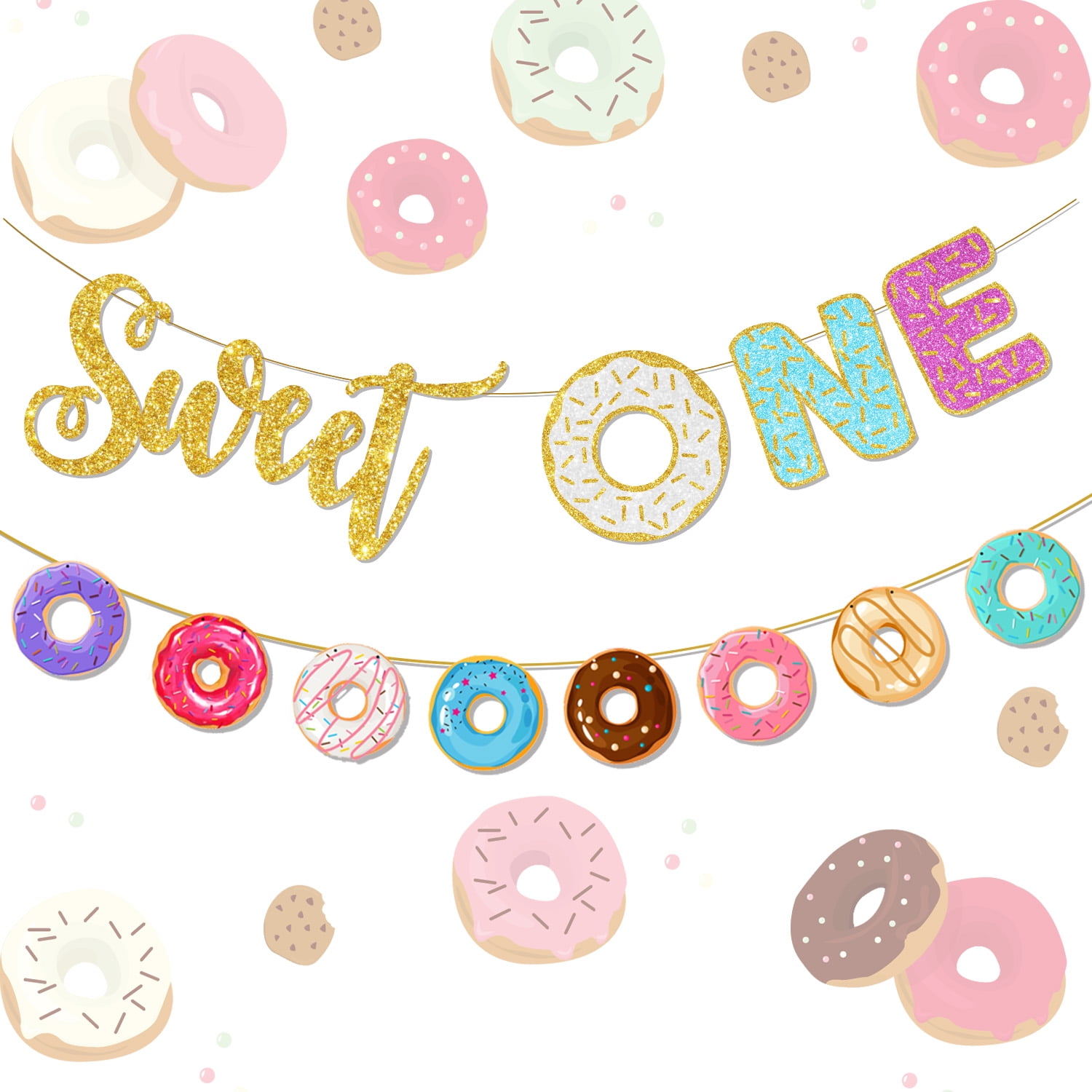 Donut Theme Glitter Sweet One Banner Colorful Doughnut Dessert Garland ...