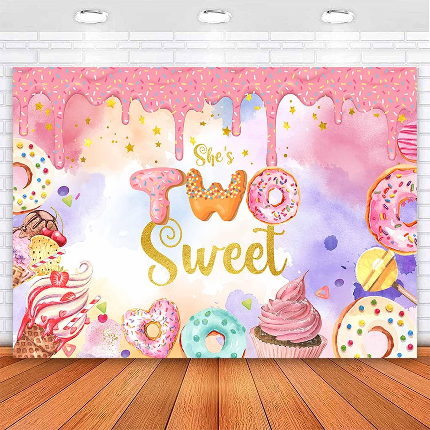 Donut Two Sweet Birthday Backdrop Girls 2nd Birthday Party Decorations ...