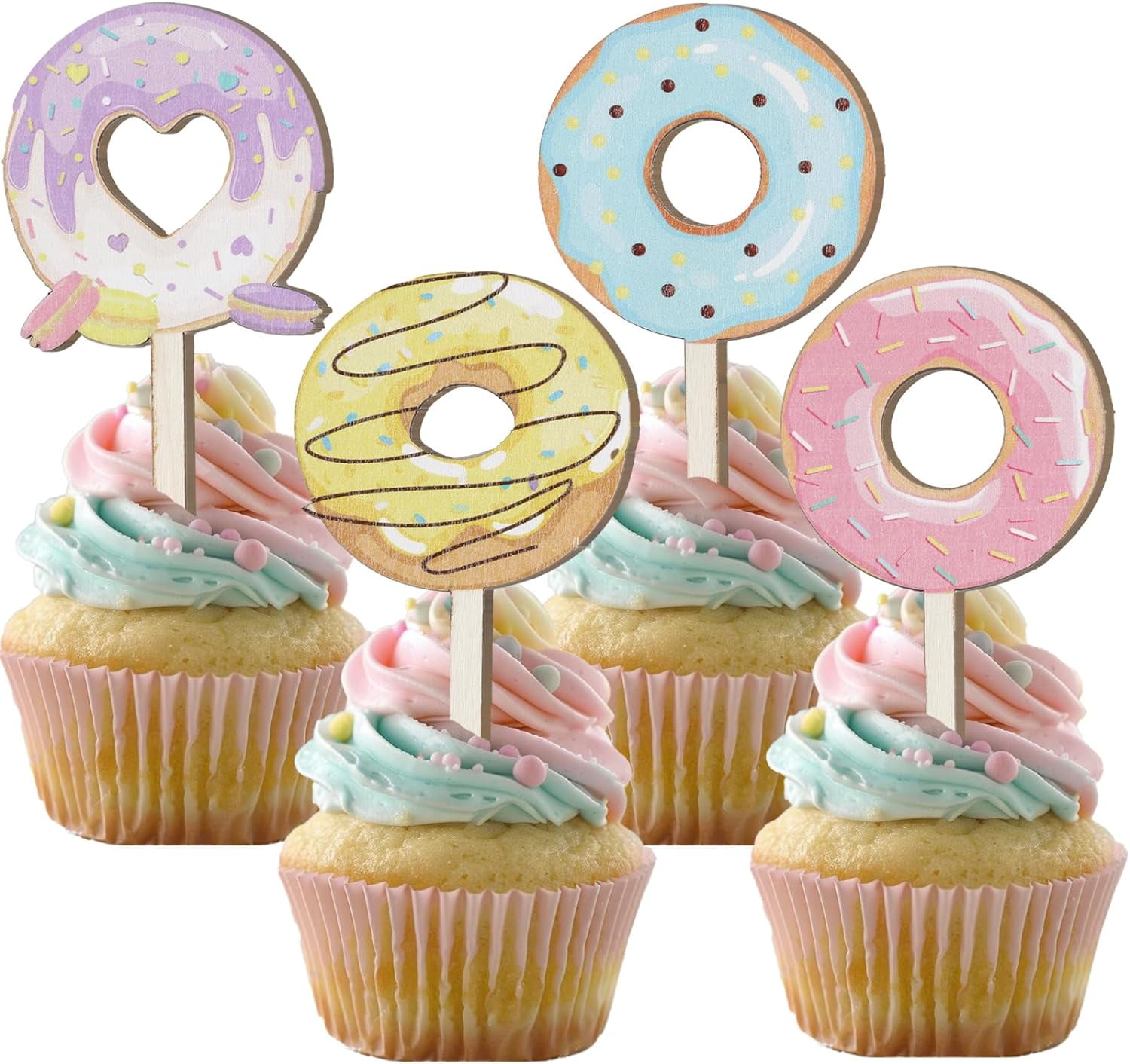 Donut Wooden Cupcake Toppers, Grow Up Theme Color Donut Cake Picks ...