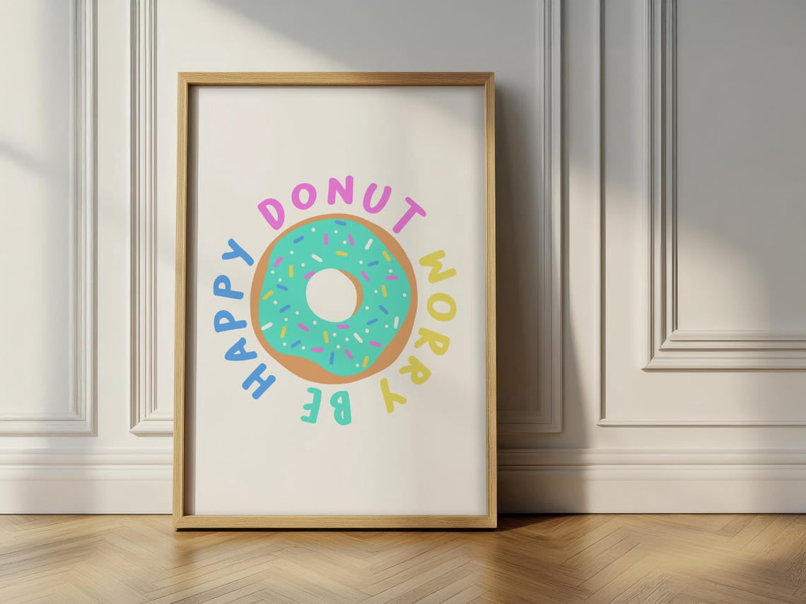 Donut Worry Be Happy Colorful Typography Wall Art, Unframed Paper ...
