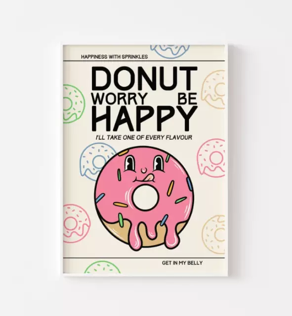 Donut Worry Be Happy Retro Character Print - Fun Kitchen Print NO ...