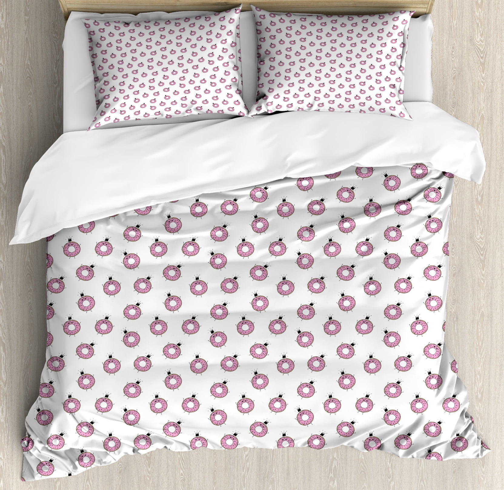 Donuts Duvet Cover Set, Yummy Smiling Doughnuts with Crowns, Decorative ...