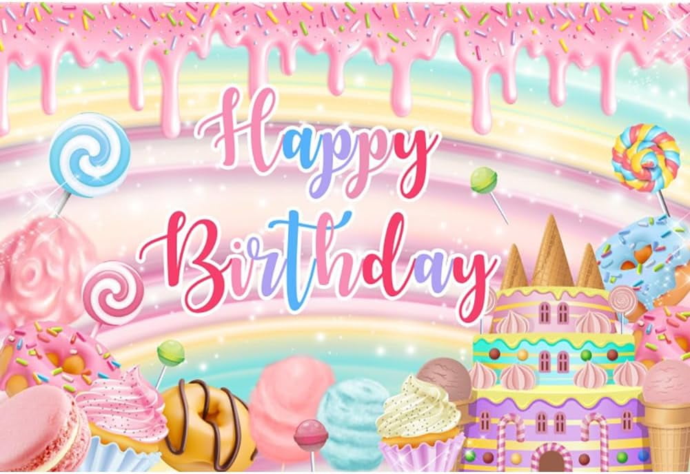 Donuts Ice Cream Cake Theme Backdrop Pink Happy Birthday Party ...