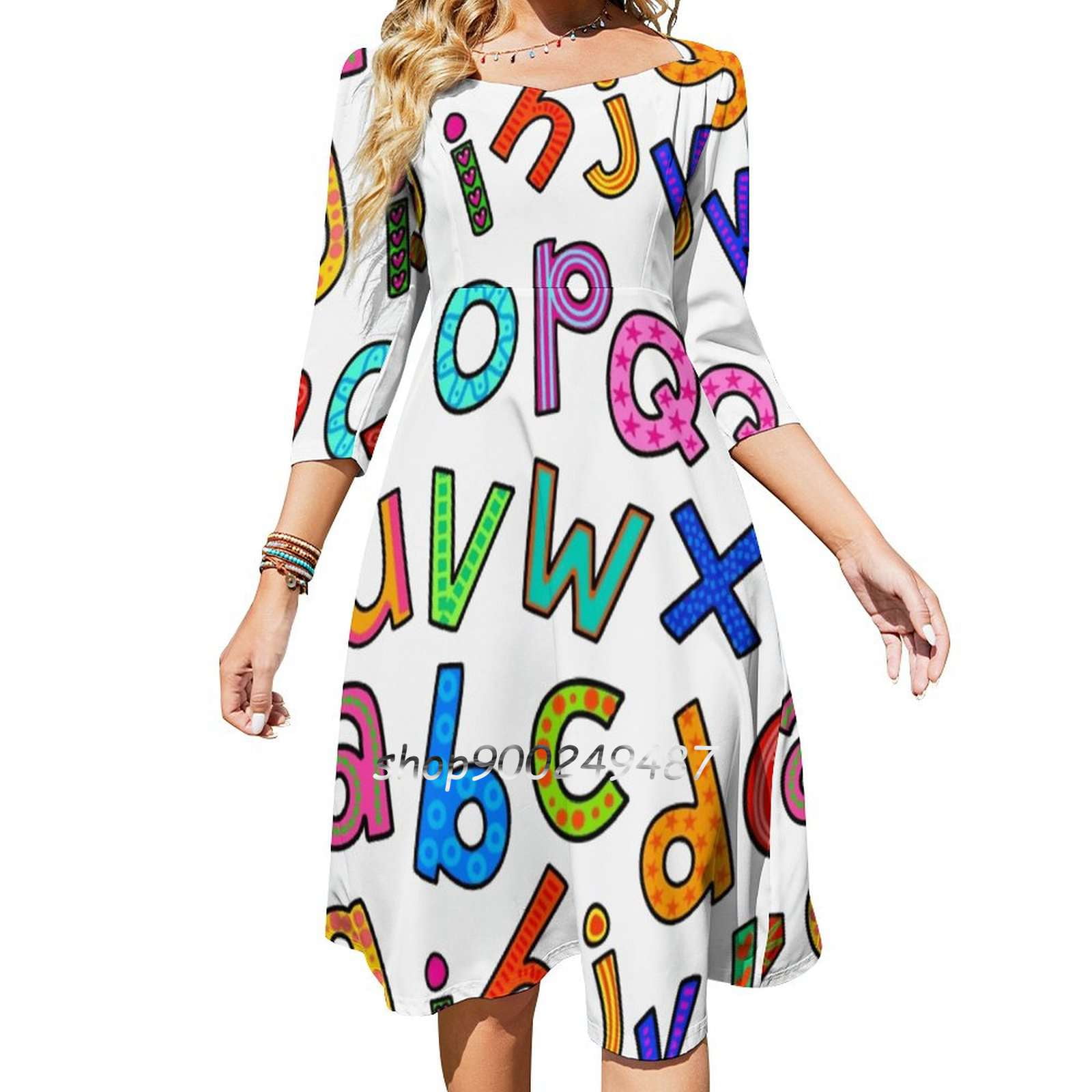 Doodle Alphabet Letters Flare Dress Square Neck Dress Elegant Female ...