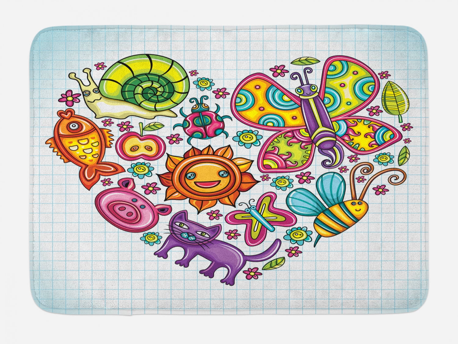Doodle Bath Mat, Flora and Fauna Themed Heart Animals Birds and Plants ...
