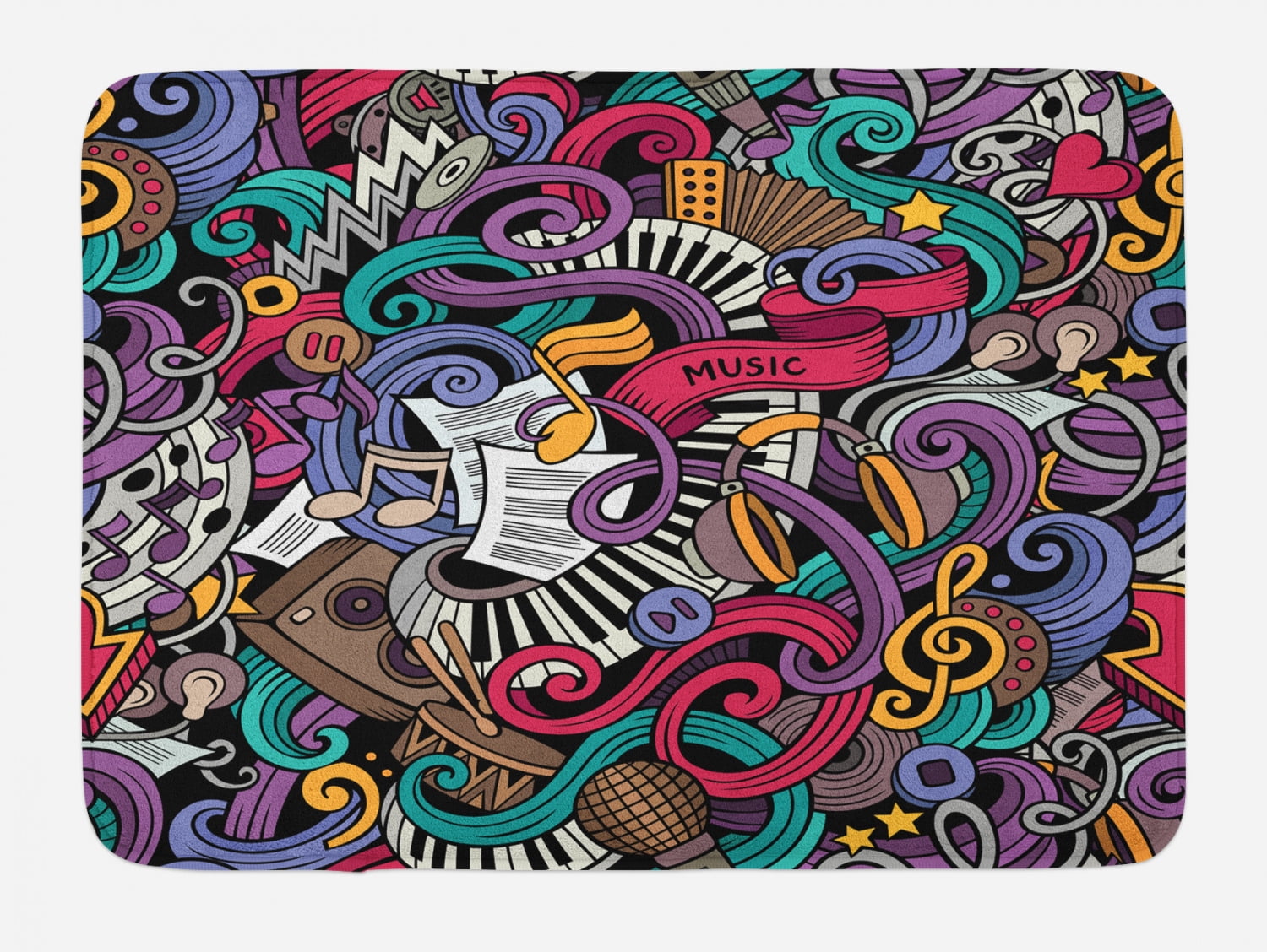 Doodle Bath Mat, Music Themed Hand Drawn Abstract Instruments ...