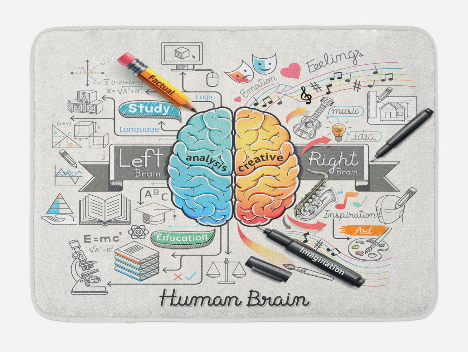 Doodle Bath Mat, Two Sides of Human Brian Analitical Imaginitive Art ...
