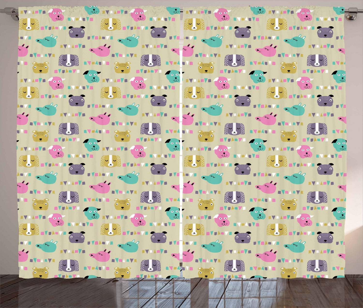Doodle Curtains 2 Panels Set, Animal Faces Puppy Elephant Raccoon Cute ...