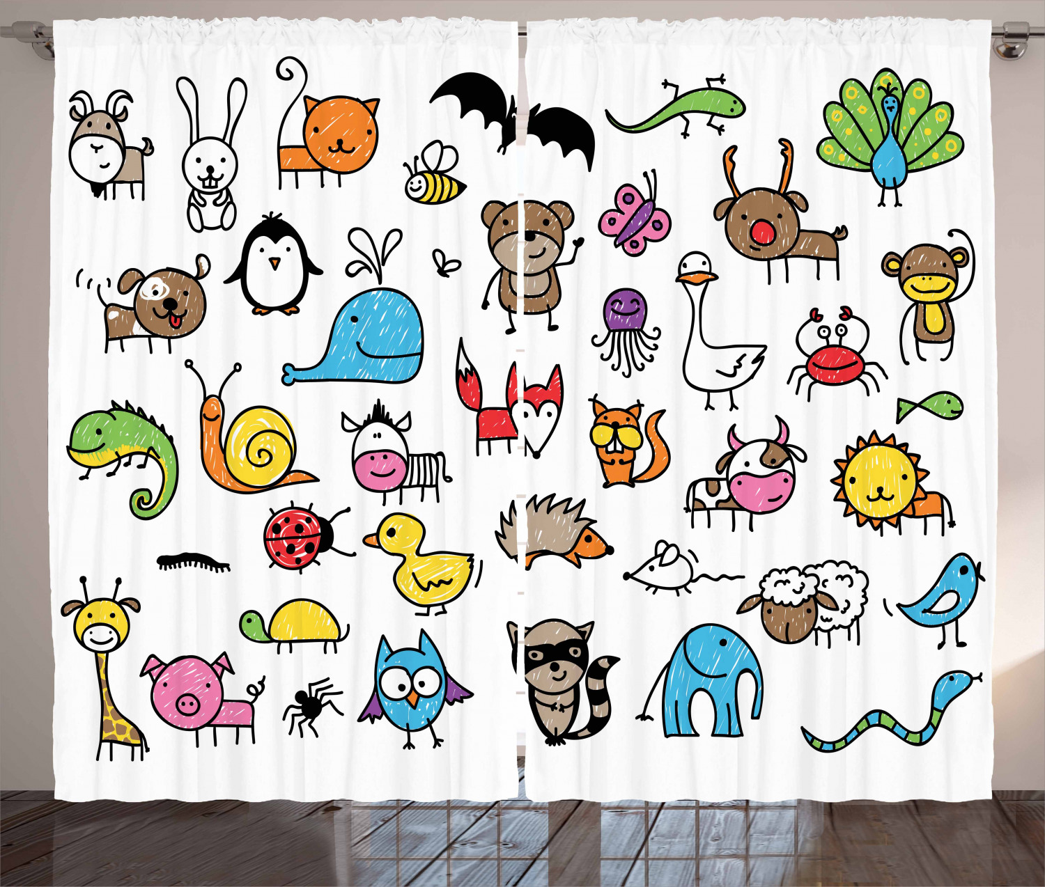 Ambesonne Cartoon Curtains 2 Panel Set, Animals, 108" x 108 ...