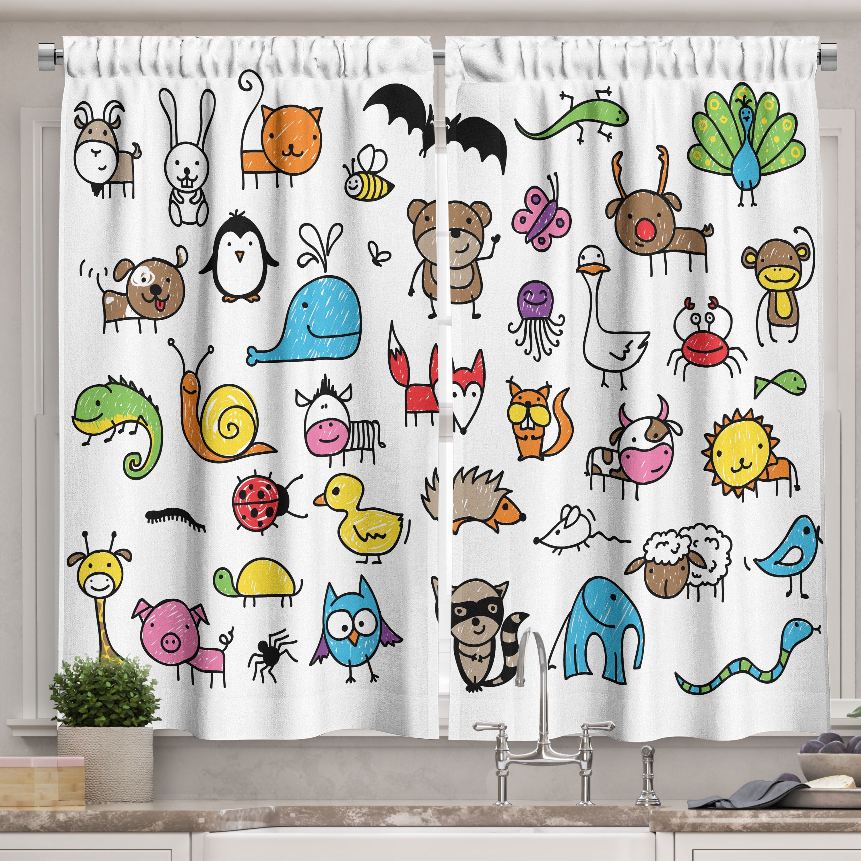 Doodle Curtains 2 Panels Set, Collection of Cartoon Style Animals Drawn ...