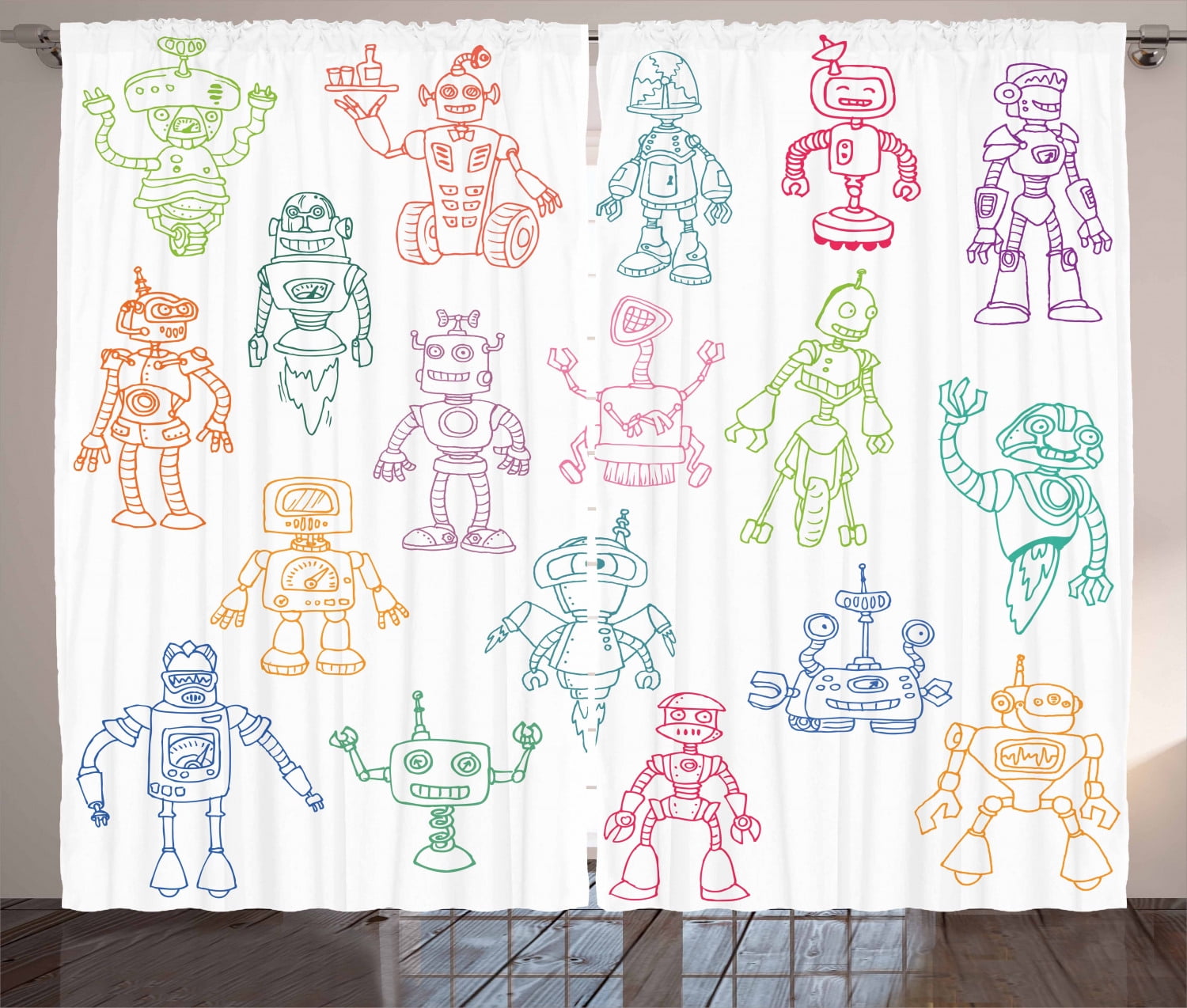 Ambesonne Cartoon Curtains 2 Panel Set, Robots Performing Tasks, 108" x ...