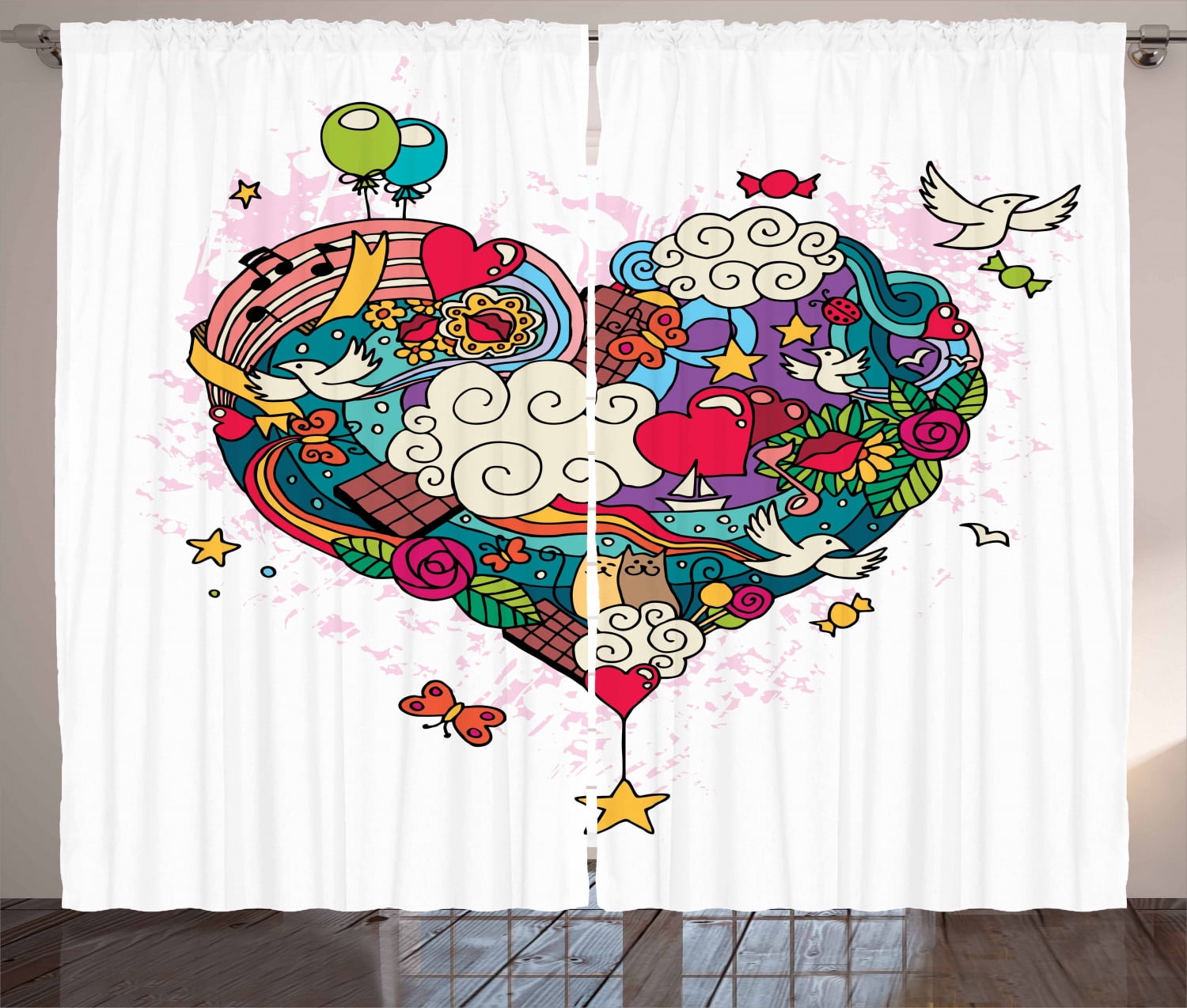 Ambesonne Love Curtains 2 Panel Set, Love Doodle Hearts, 108" x 96 ...