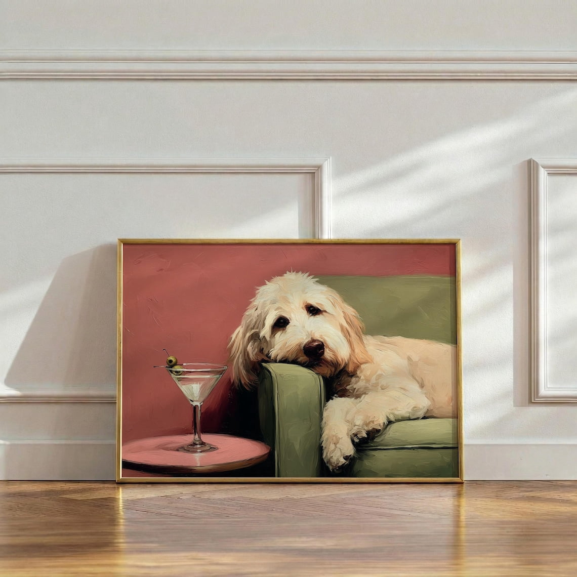 Doodle Dog with Martini Pink Cocktail Bar Cart Decor Whimsical Lover ...