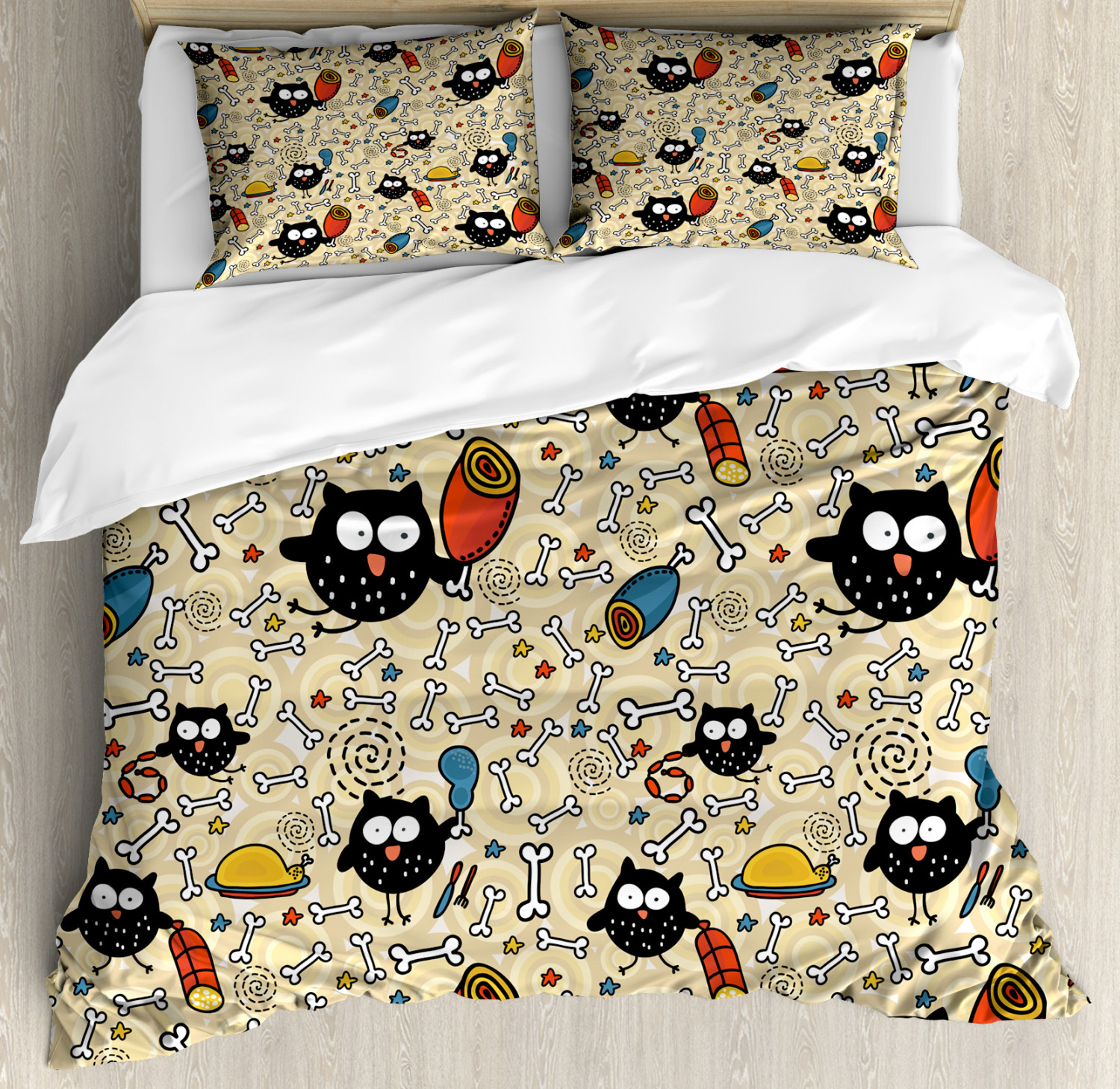 Doodle Duvet Cover Set Queen Size, Hungry Owls with Lots of Bones and ...