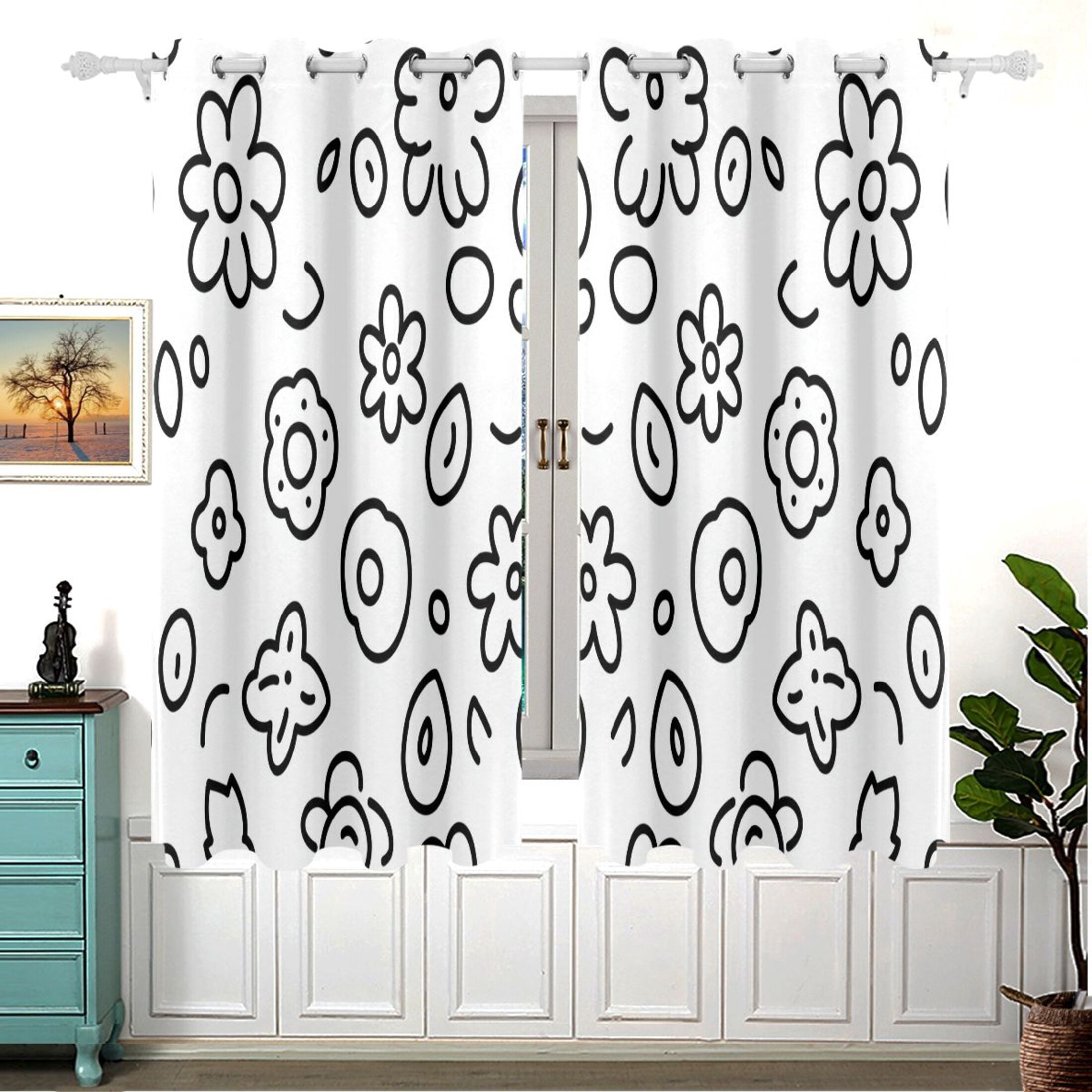 Doodle Flowers and Leaves 63x55in Window Curtain Panels 63x55in 2-Piece ...