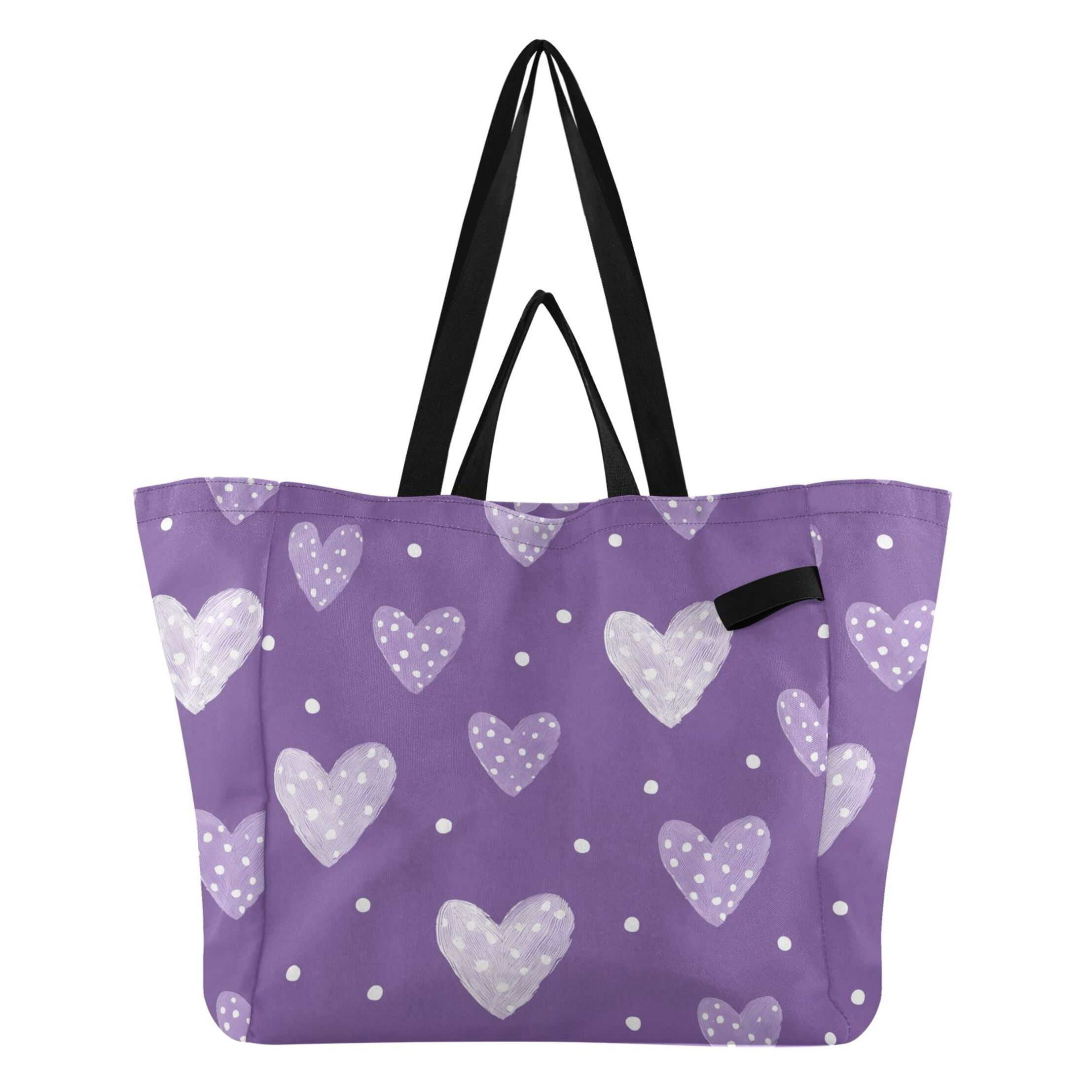 Doodle Hearts Dots Purple Background Valentine Foldable Canvas Tote ...