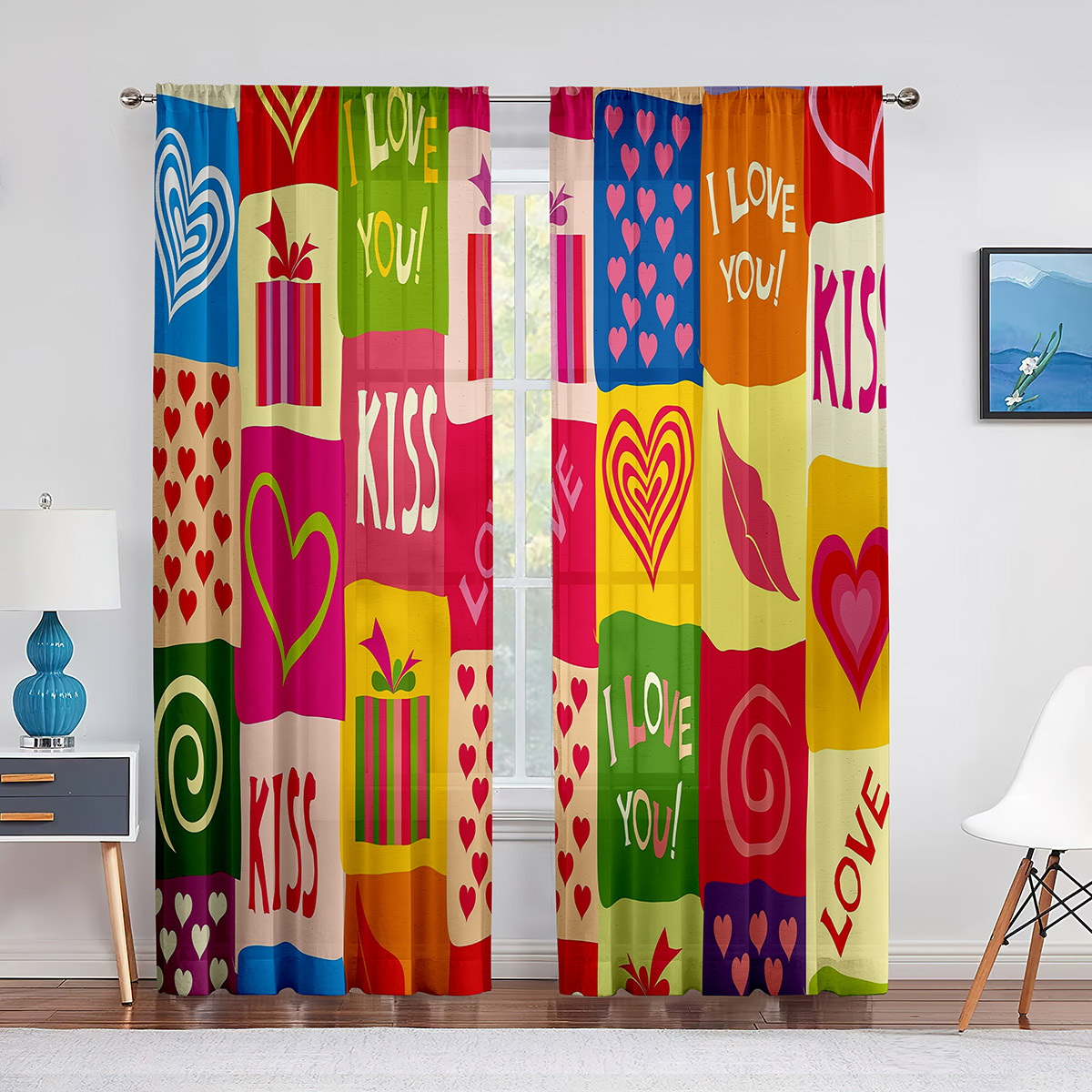 Doodle Hearts In Squares Romance Design Chiffon Sheer Voile Curtains ...