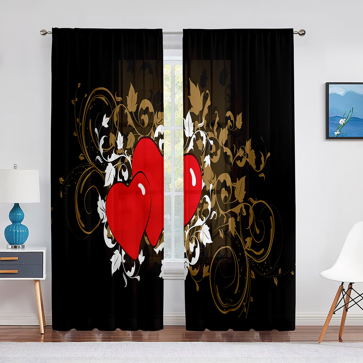 Doodle Hearts In Squares Romance Design Chiffon Sheer Voile Curtains ...