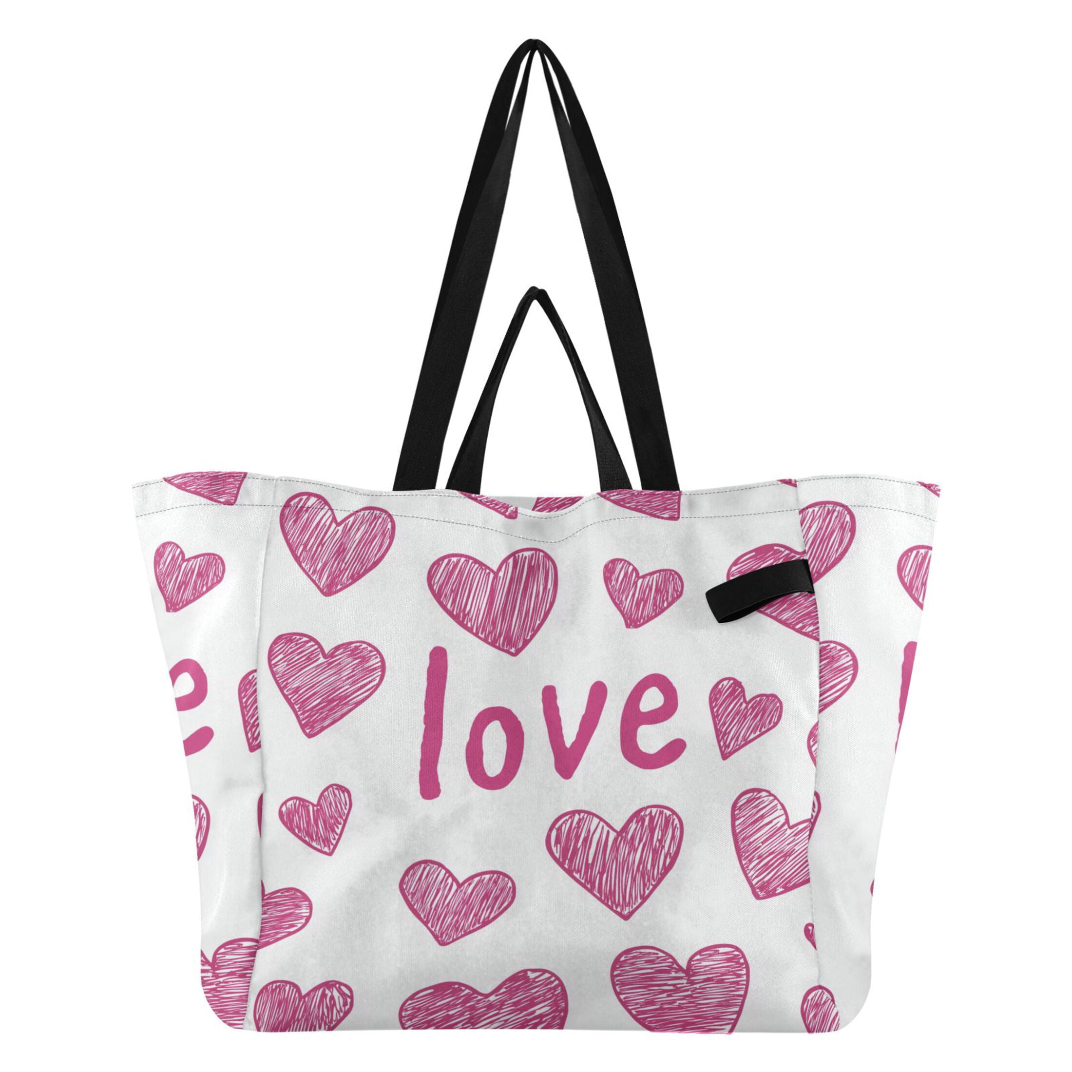 Doodle Hearts Pink Love Text Valentine Foldable Canvas Tote Bags ...