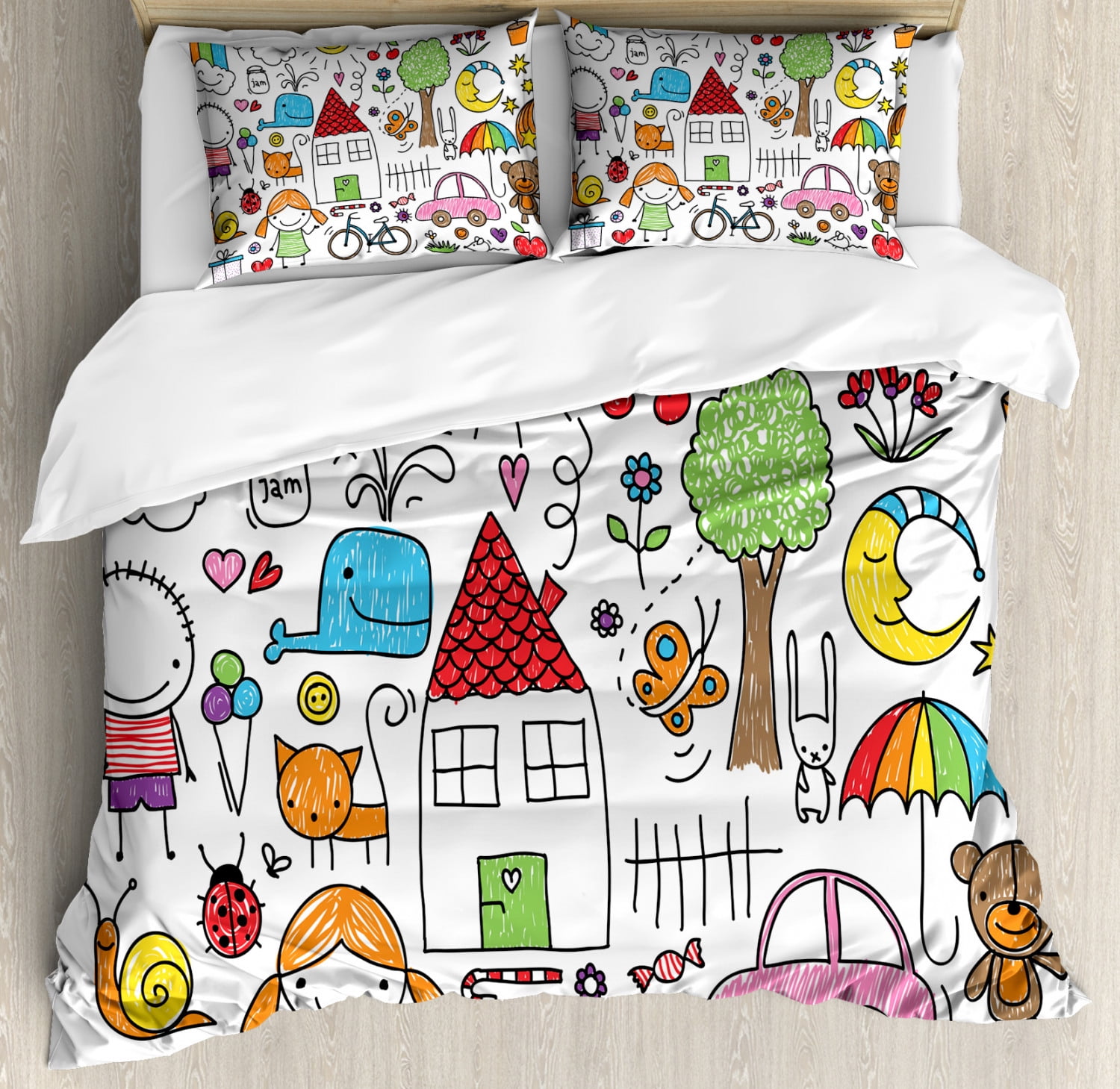 Doodle King Size Duvet Cover Set, Simple Childlike Drawing of House ...