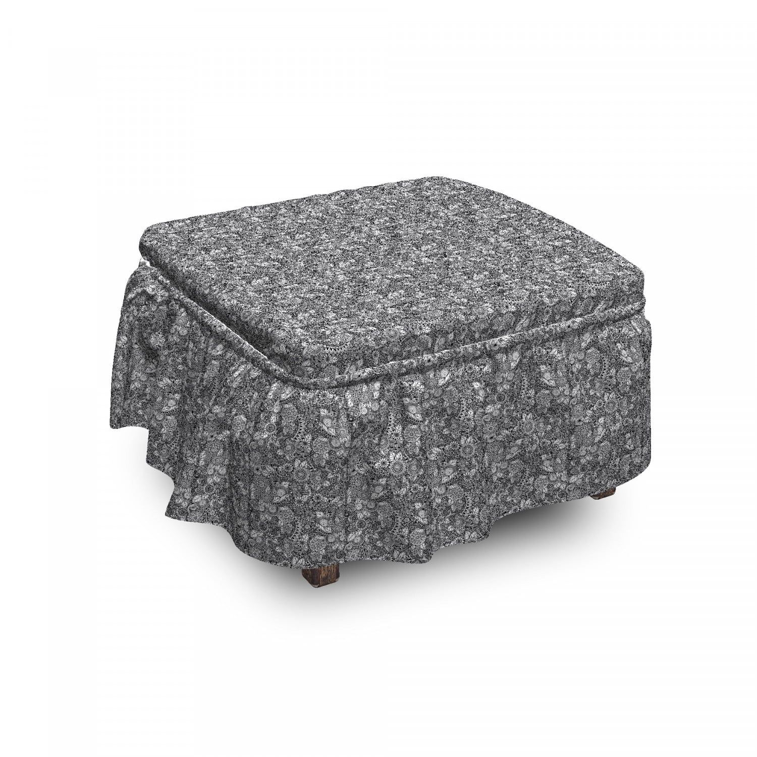 Doodle Ottoman Cover, Floral Simple Nature, 2 Piece Slipcover Set with ...