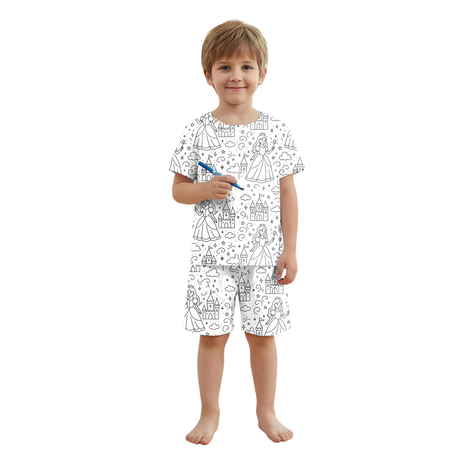Doodle Print Boys Summer Outfits Short Sleeve Shirt and Shorts Set Kids ...
