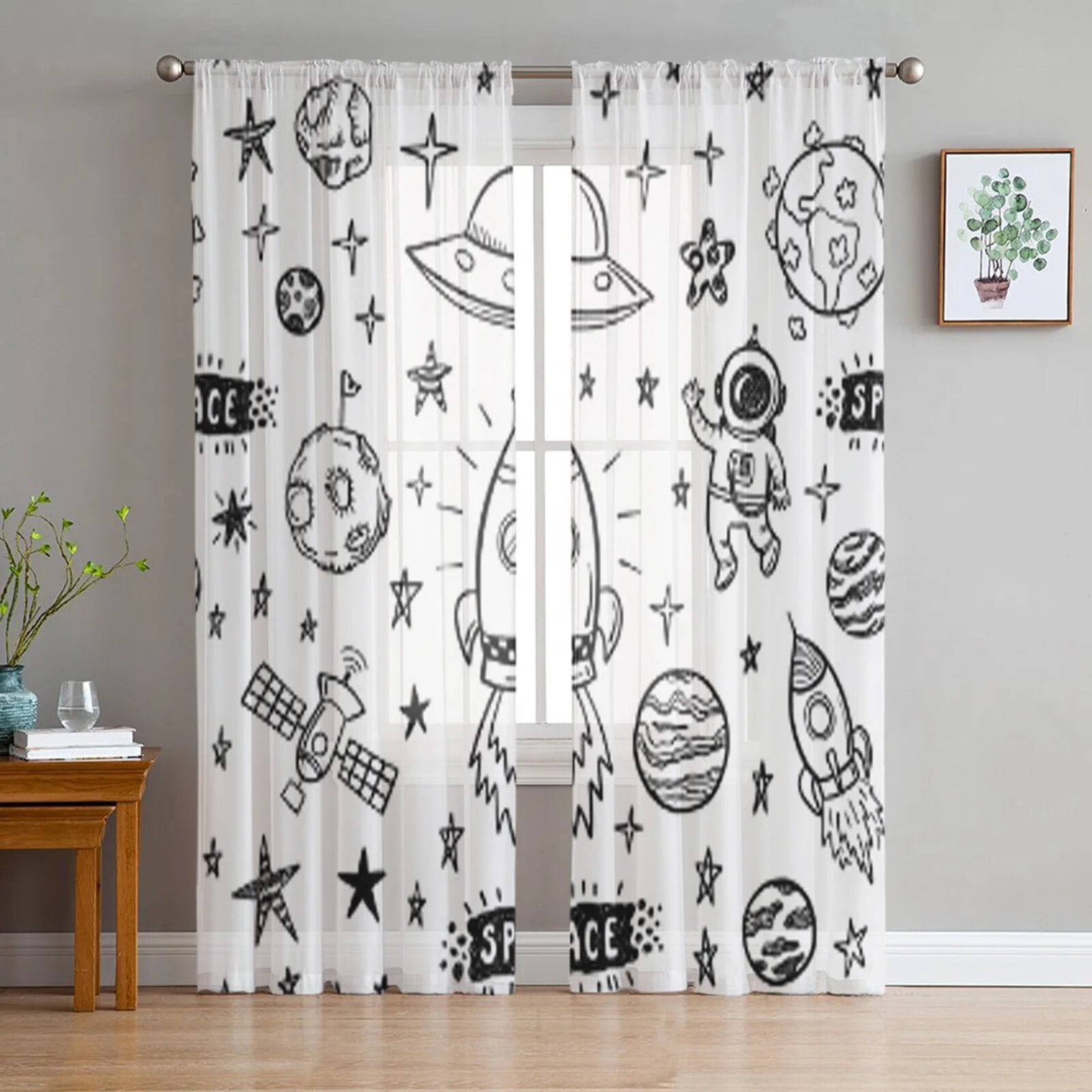 Doodle Space Astronauts Pattern Rocket Sheer Tulle Curtain for Living ...