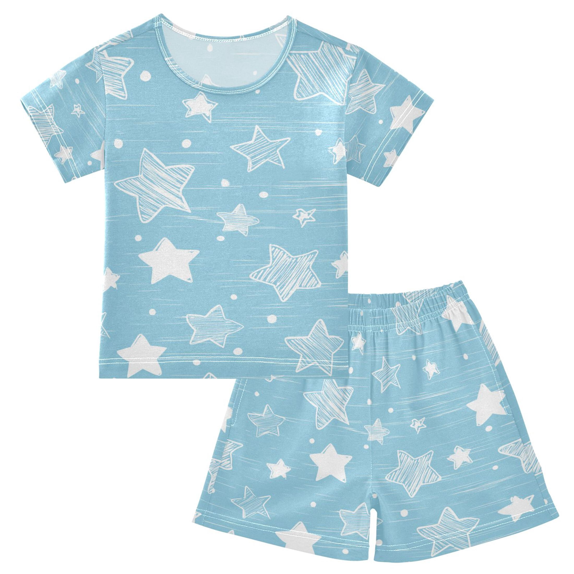 Doodle Stars Blue Background Pajamas Set Short Sleeves Sleepwear Top ...