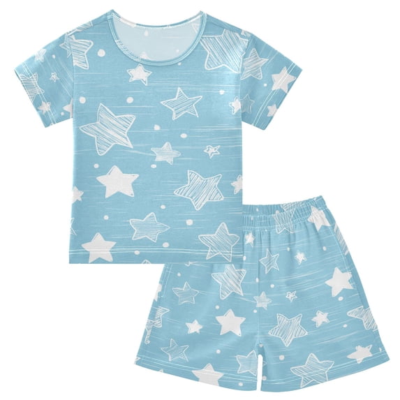 Doodle Stars Blue Background Pajamas Set Short Sleeves Sleepwear Top ...