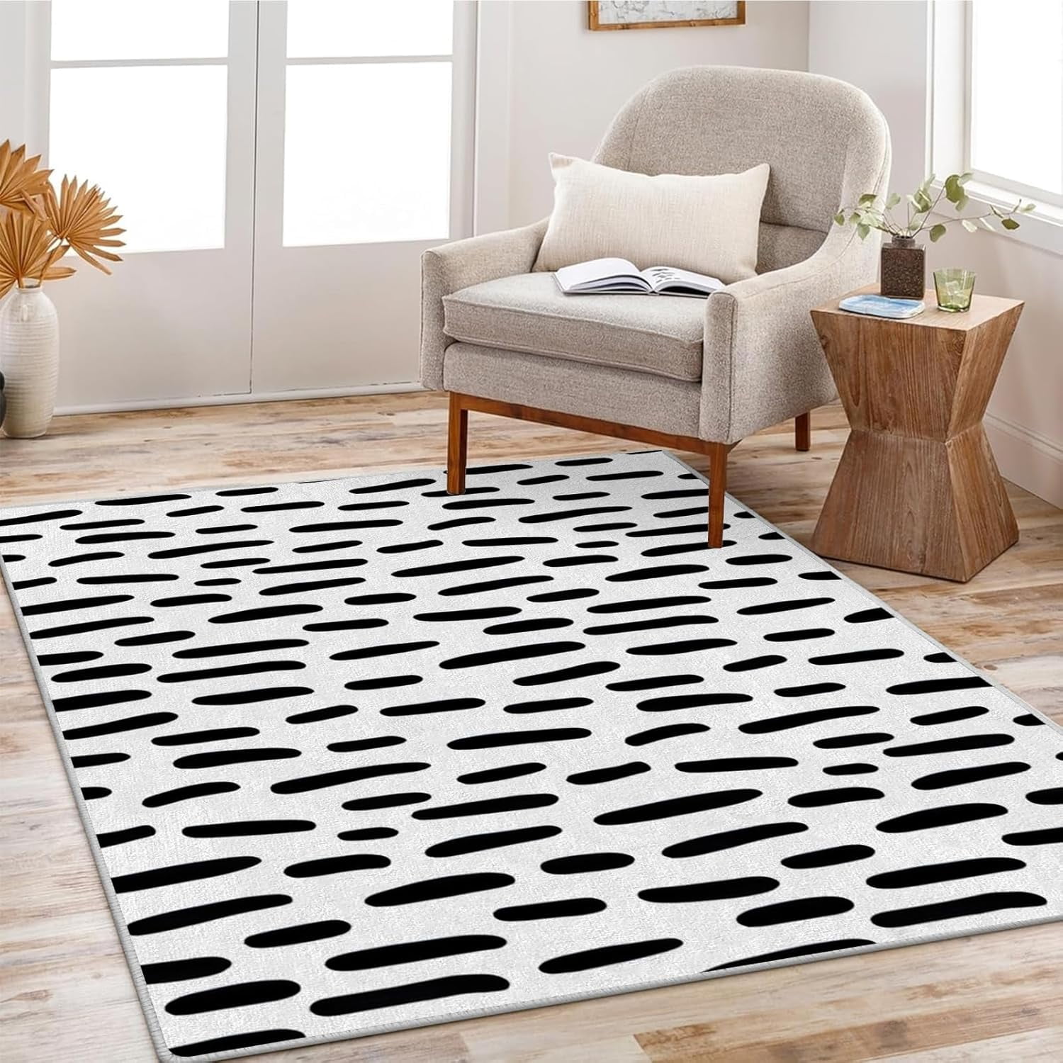 Doodle Stripes Area Rugs - Black And White Rug Non-Slip Carpet With ...