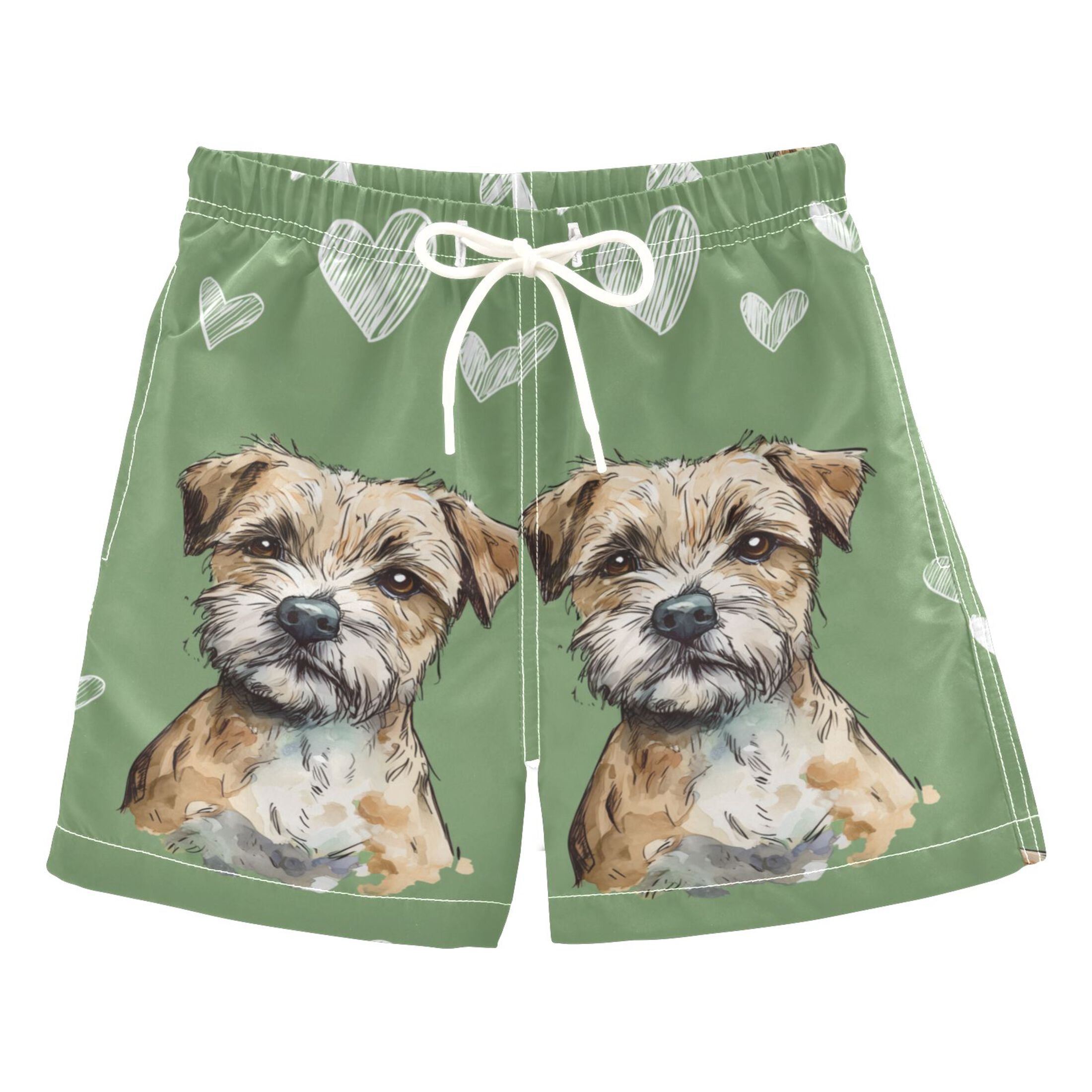 Doodle Style Dog Faces with Hearts Valentine Swim Trunks Board Shorts ...