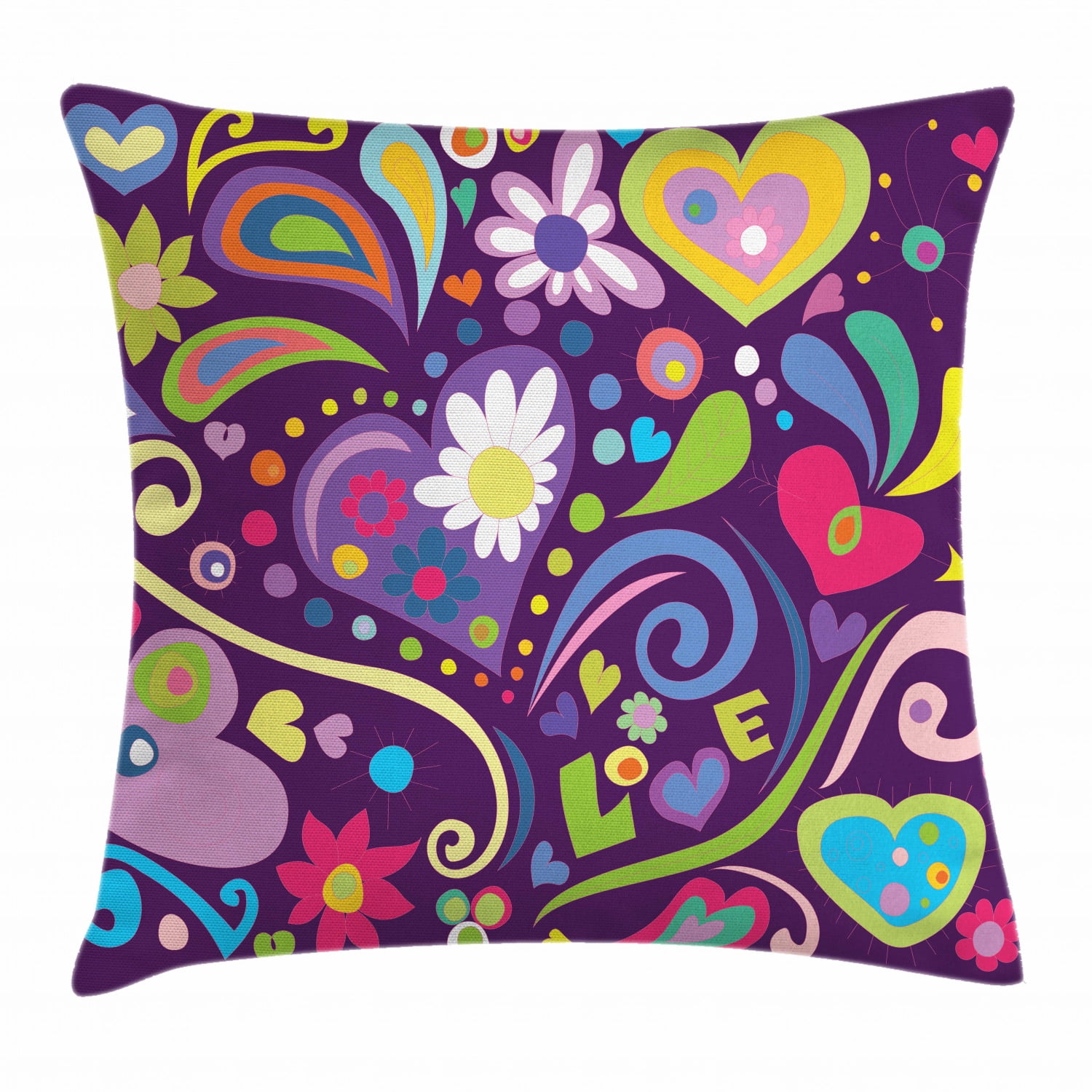 Doodle Throw Pillow Cushion Cover, Love Sixties Inspired Arrangement of ...