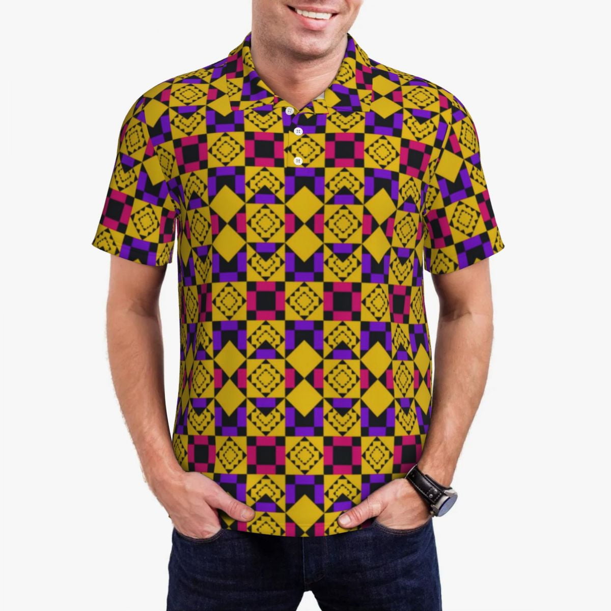 Doodled Geometry Casual T-Shirts Colorful Print Polo Shirt Turn Down ...