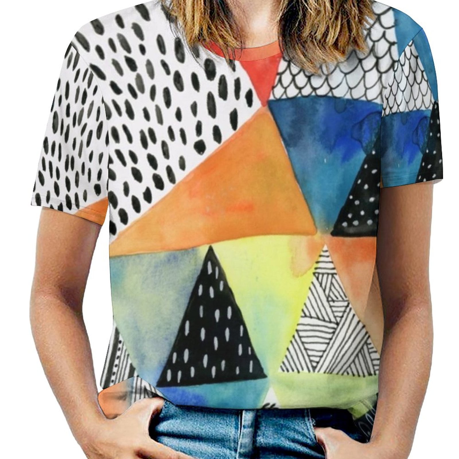 Doodled Geometry Lotus Leaf Neck T-Shirt Long Sleeve Women's T Shirt ...