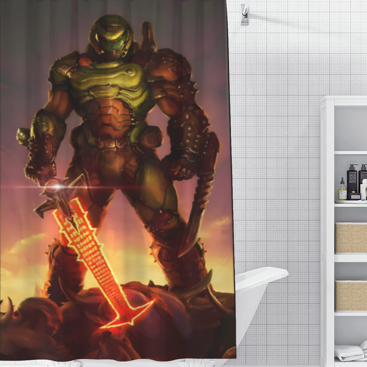 Doom Eternal shower curtain features an iconic print, is waterproof and ...