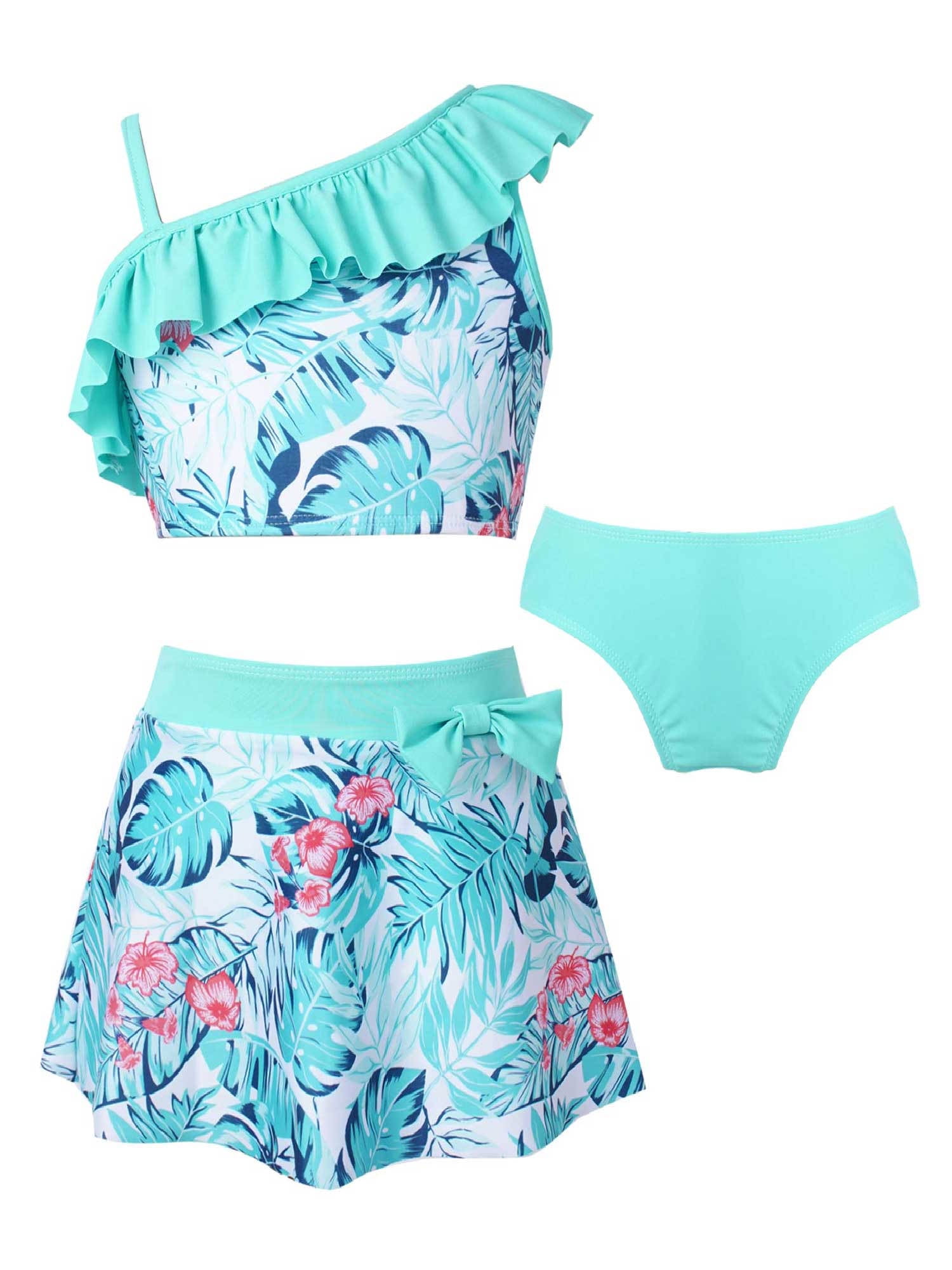 Doomiva 3 Pce Floral Tankini Sets for Girls One Shoulder Ruffles Bikini ...