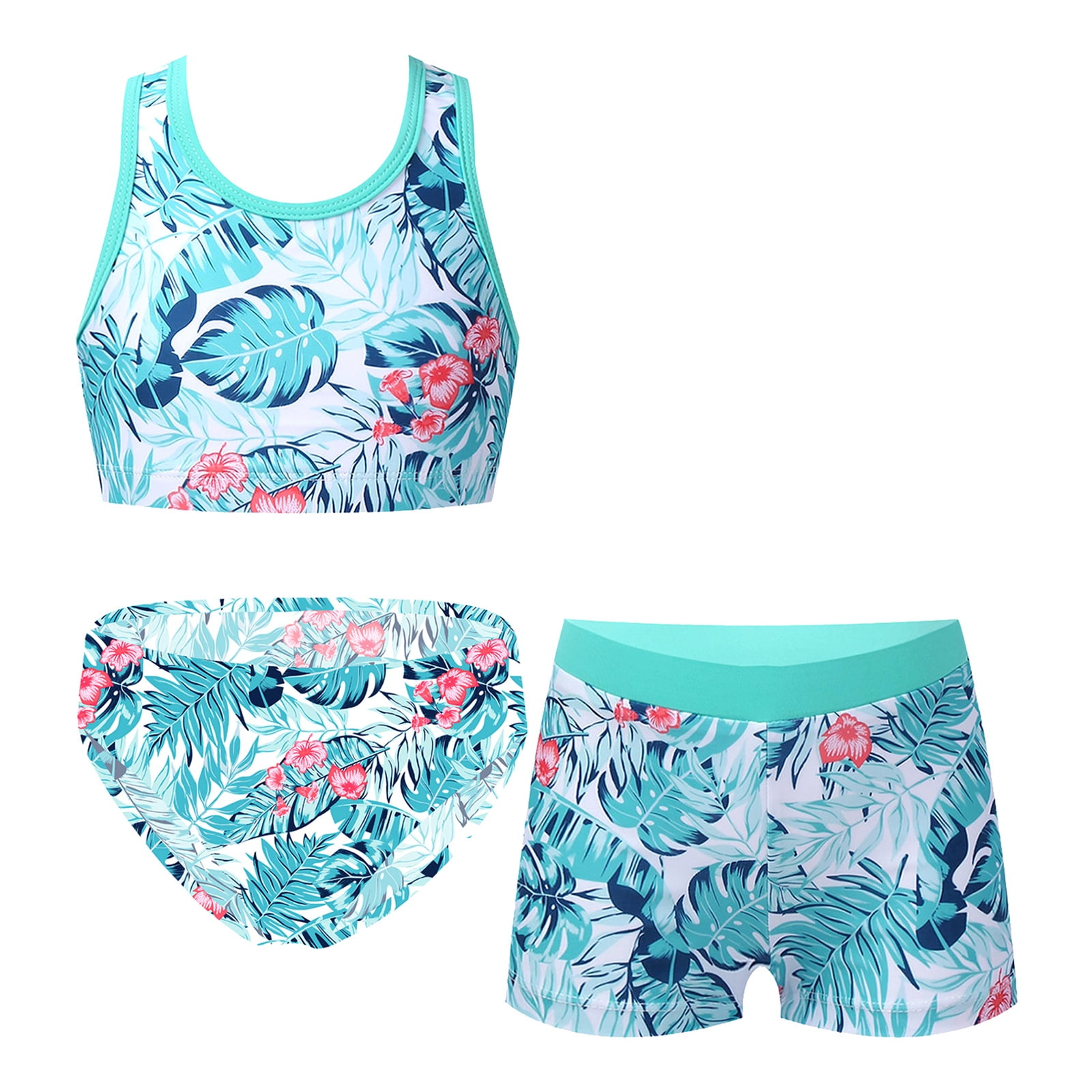 Doomiva 3 Pieces Tankini for Kids Girls Floral Bikini Top Brief with ...