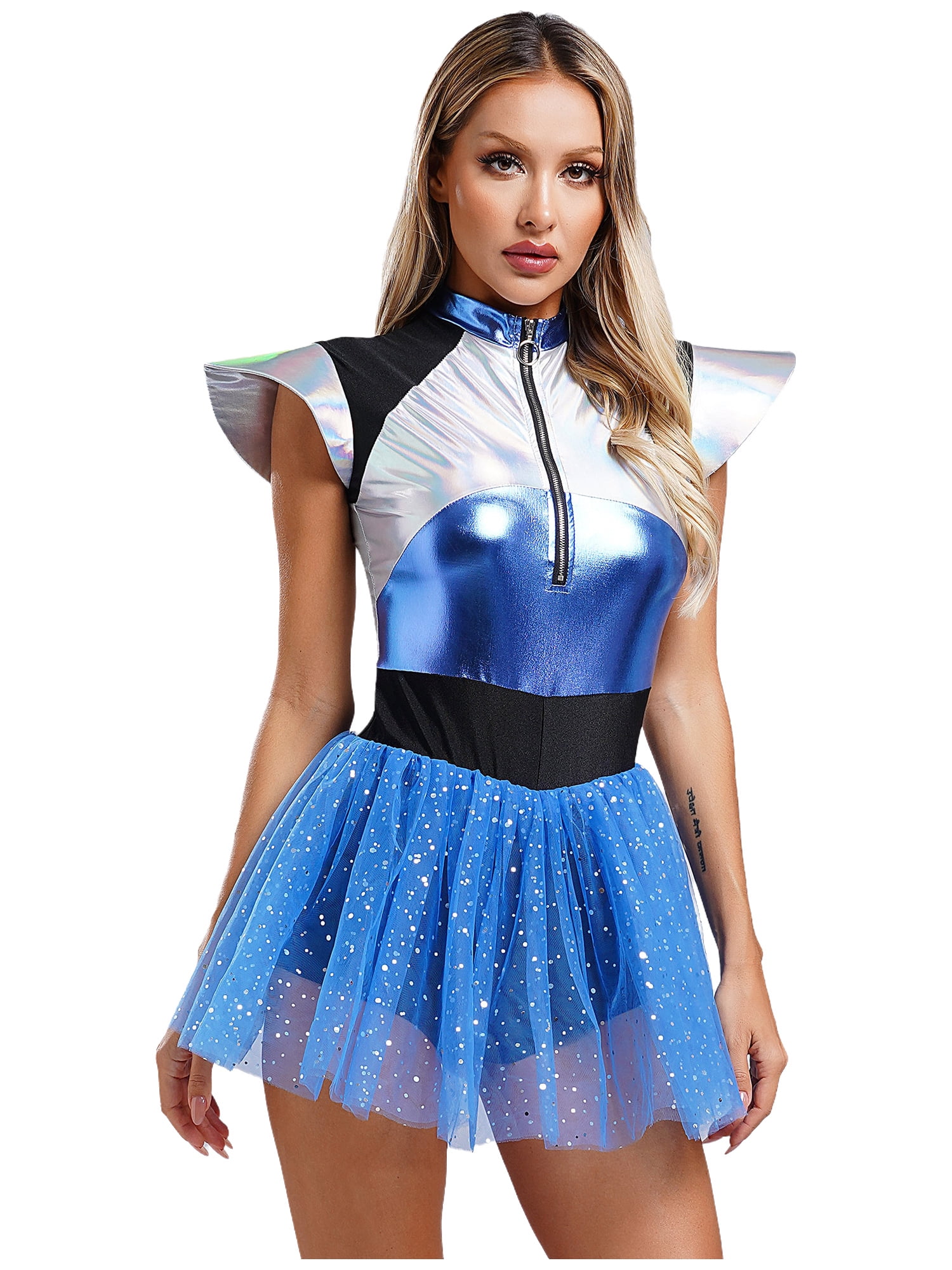 Doomiva Alien Costume for Women Sequined Tulle Skirt Jumpsuit Rave ...