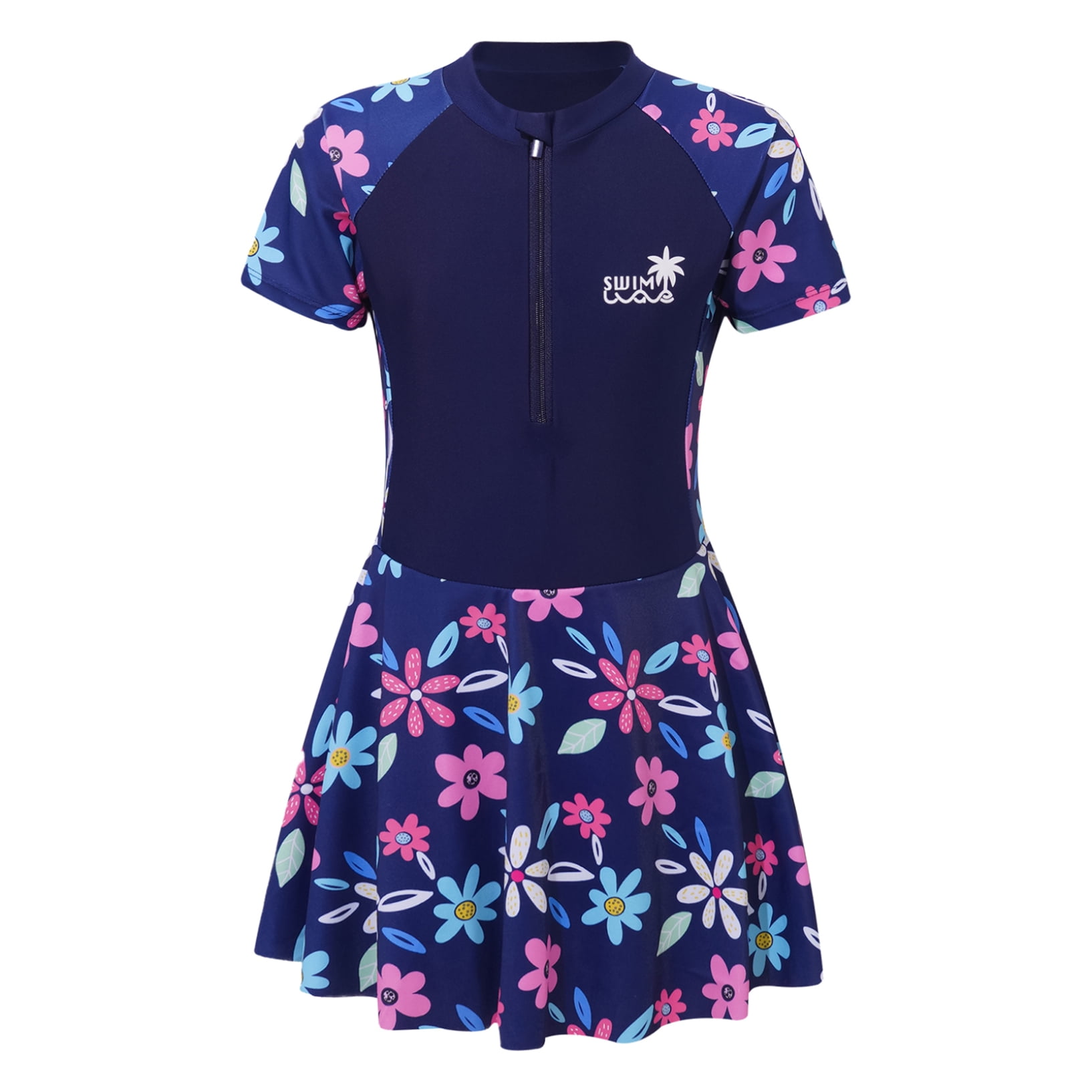 Doomiva Big Girls Short Sleeve Zip Up One Piece Swimdress Built-in ...