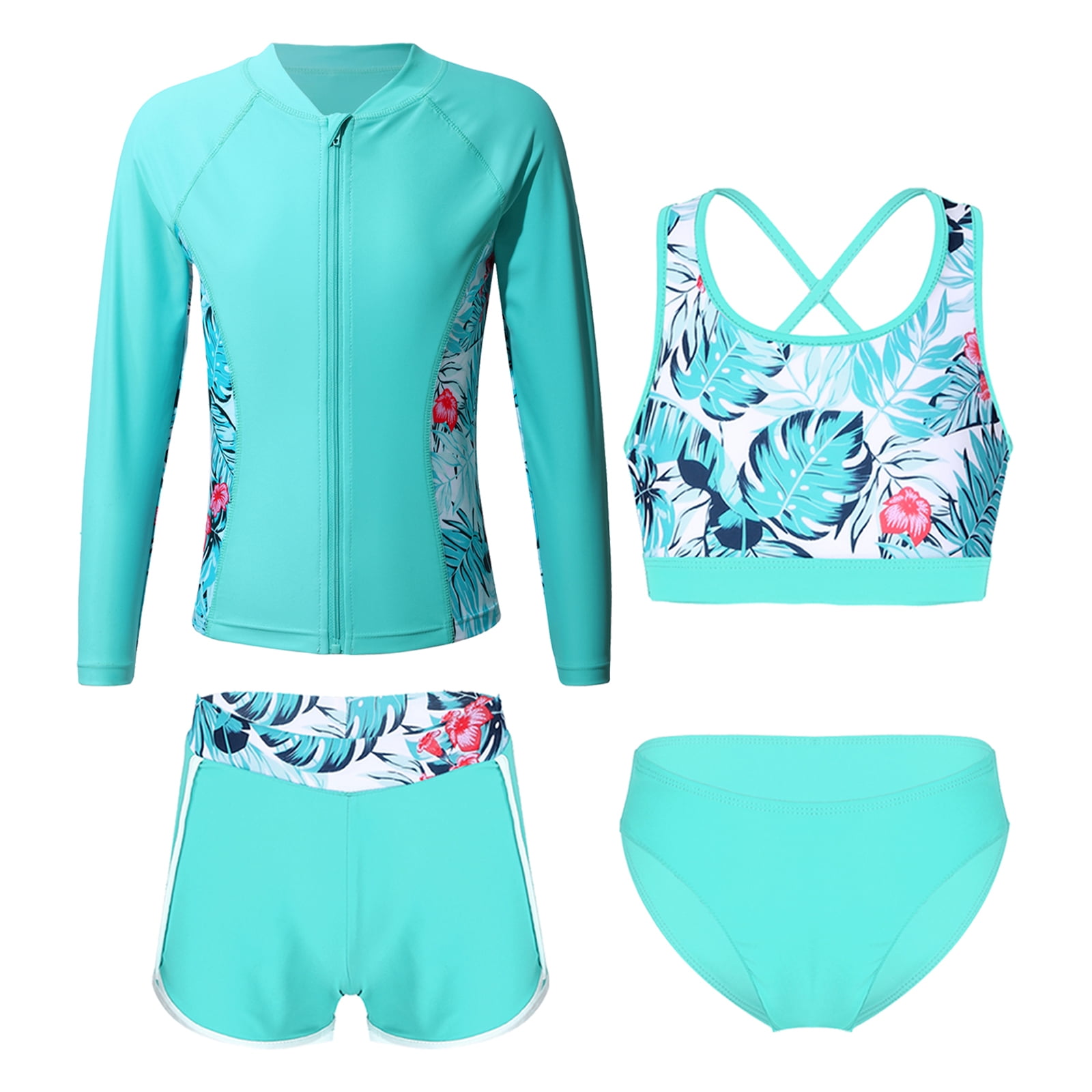 Doomiva Big Girls Upf 50+ Rash Guard Sets Floral Zip Up Swim Cover Up ...