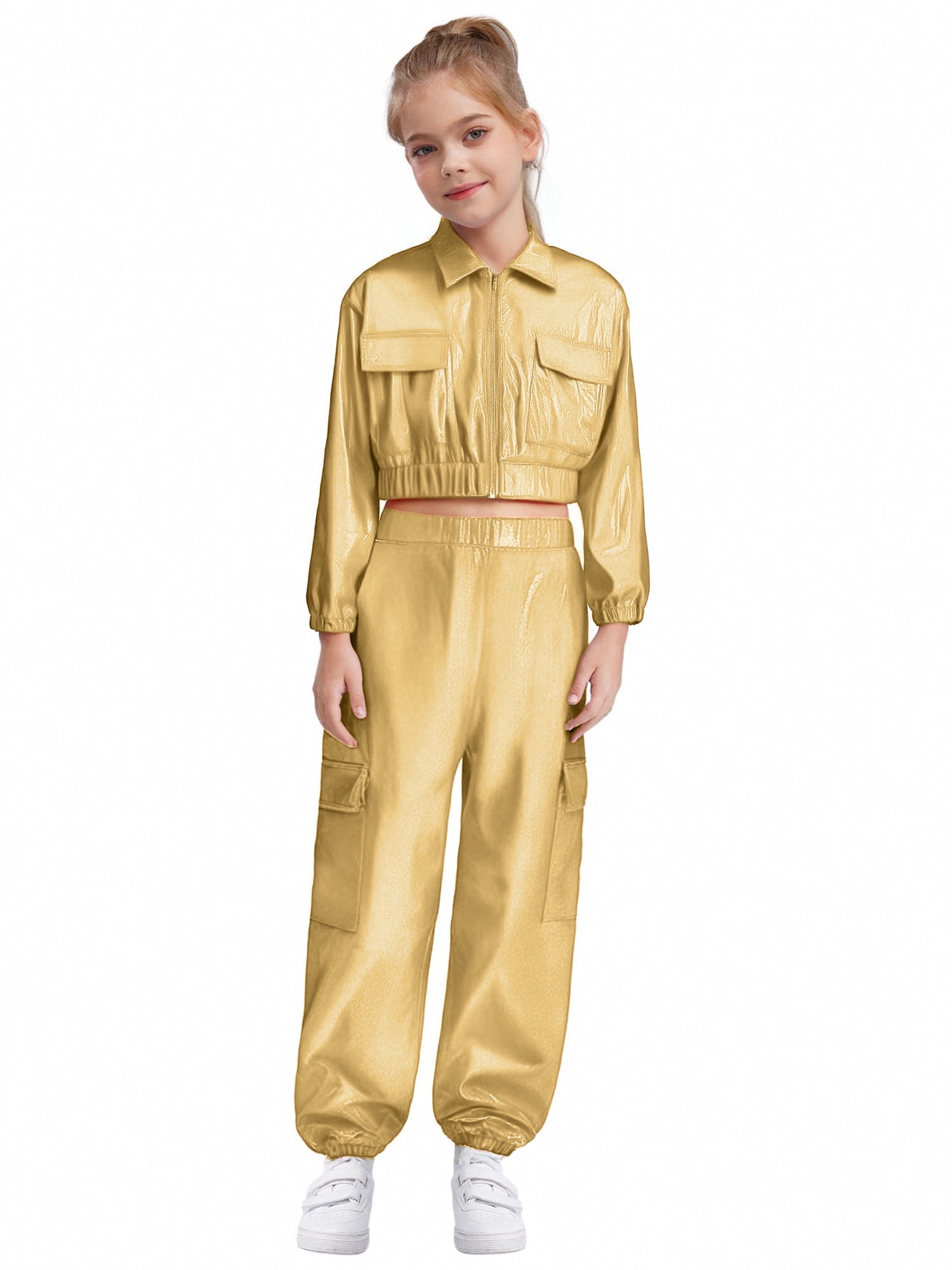 Doomiva Boys Girls 2Pcs Tracksuit Shiny Metallic Dance Outfits Long ...