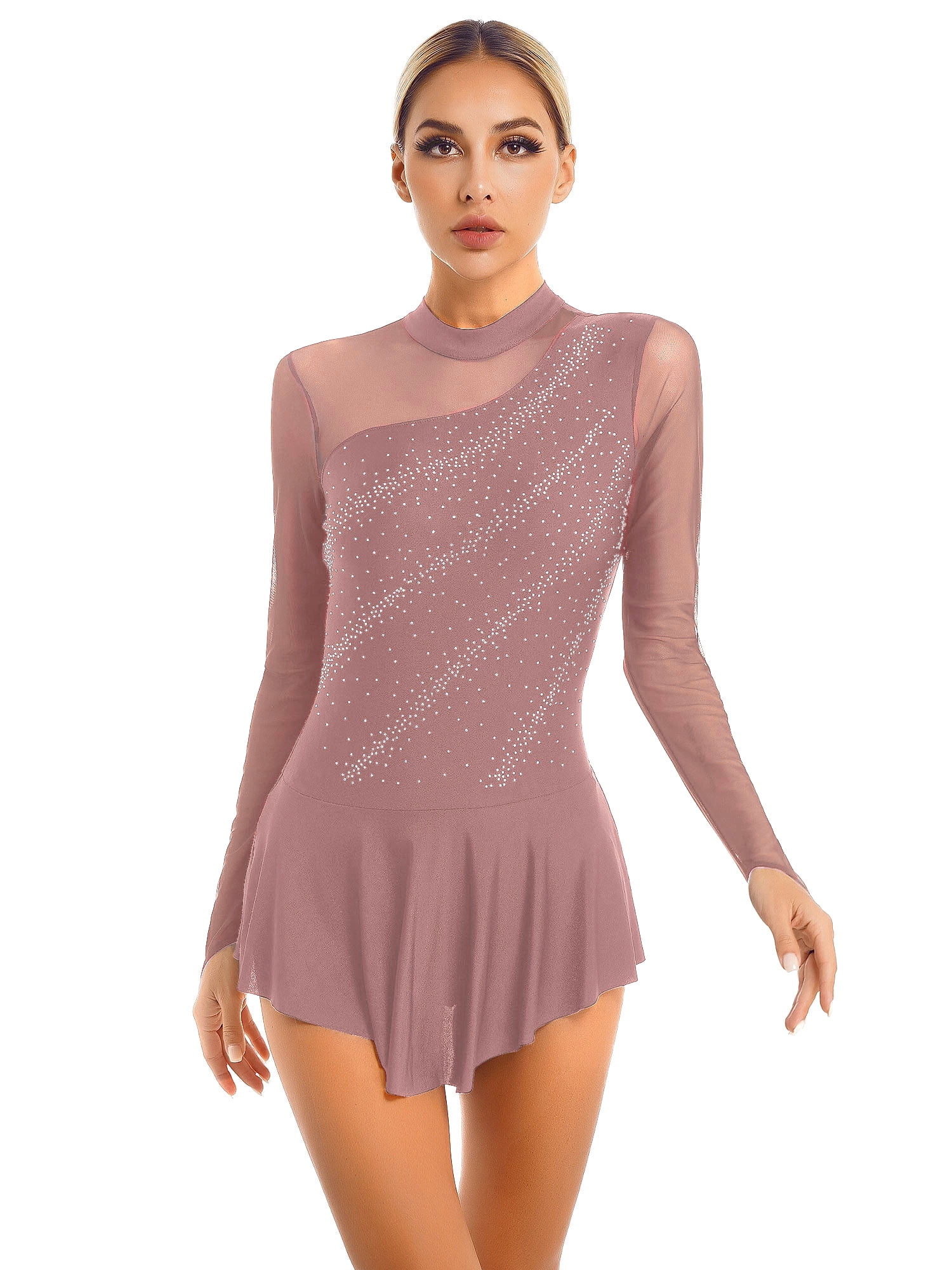 Doomiva Figure Skating Dress for Women Rhinestone Mesh Long Sleeves Ballet Dance Leotard Dress ...