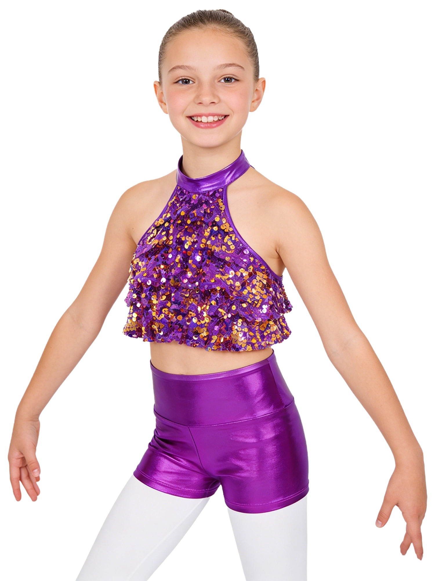 Doomiva Girls 2 Pcs Latin Dance Outfits Sparkle Sequin Crop Top with ...