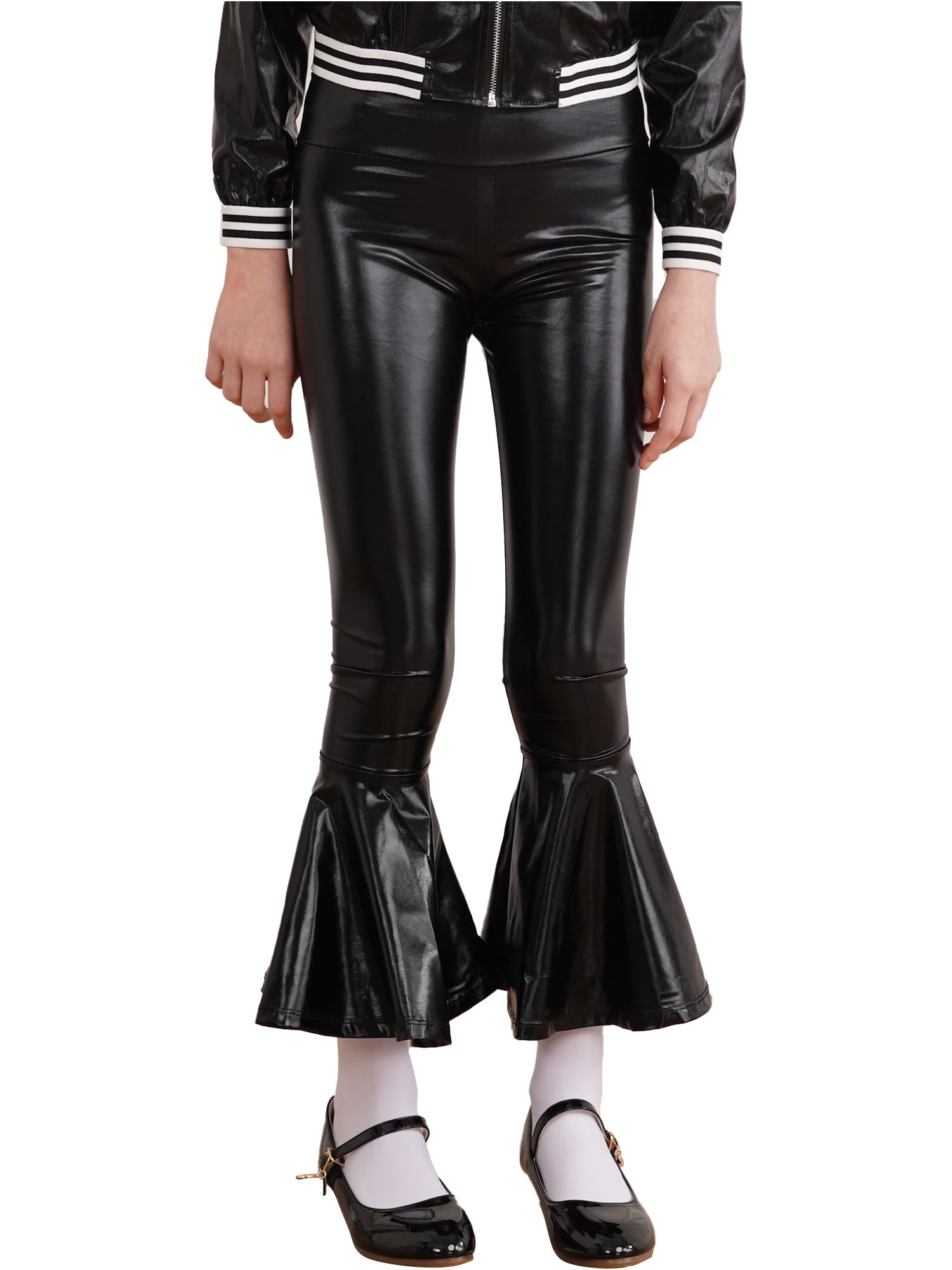 Doomiva Girls Boys Shiny Metallic Flare Pants Ruffle Bell Bottoms Dance ...