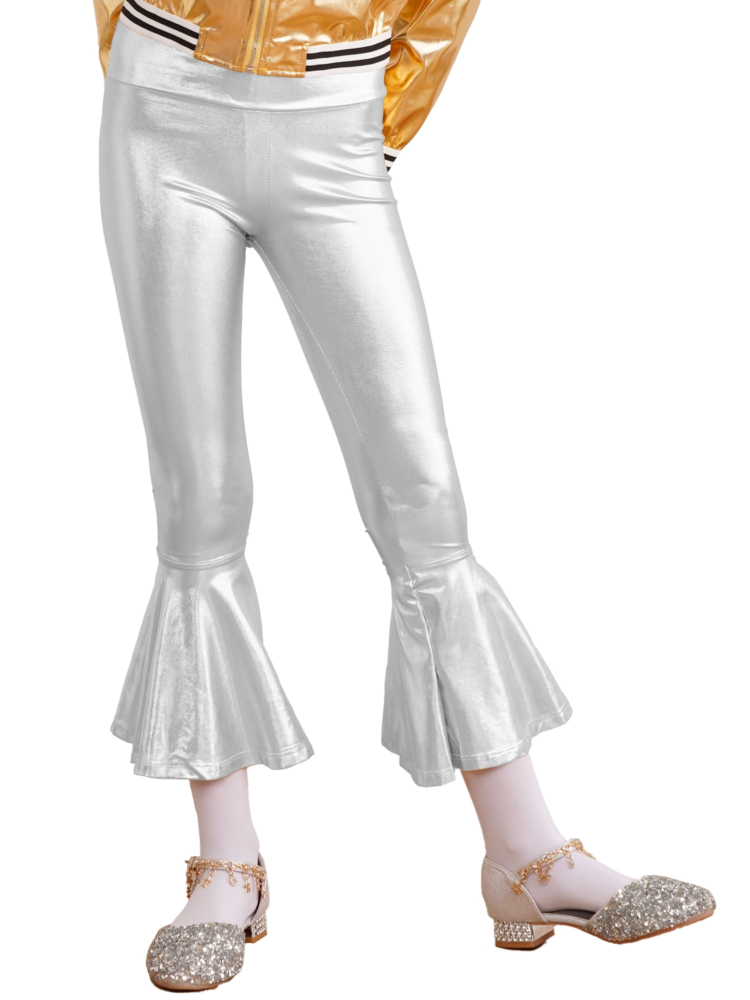 Doomiva Girls Boys Shiny Metallic Flare Pants Ruffle Bell Bottoms Dance ...
