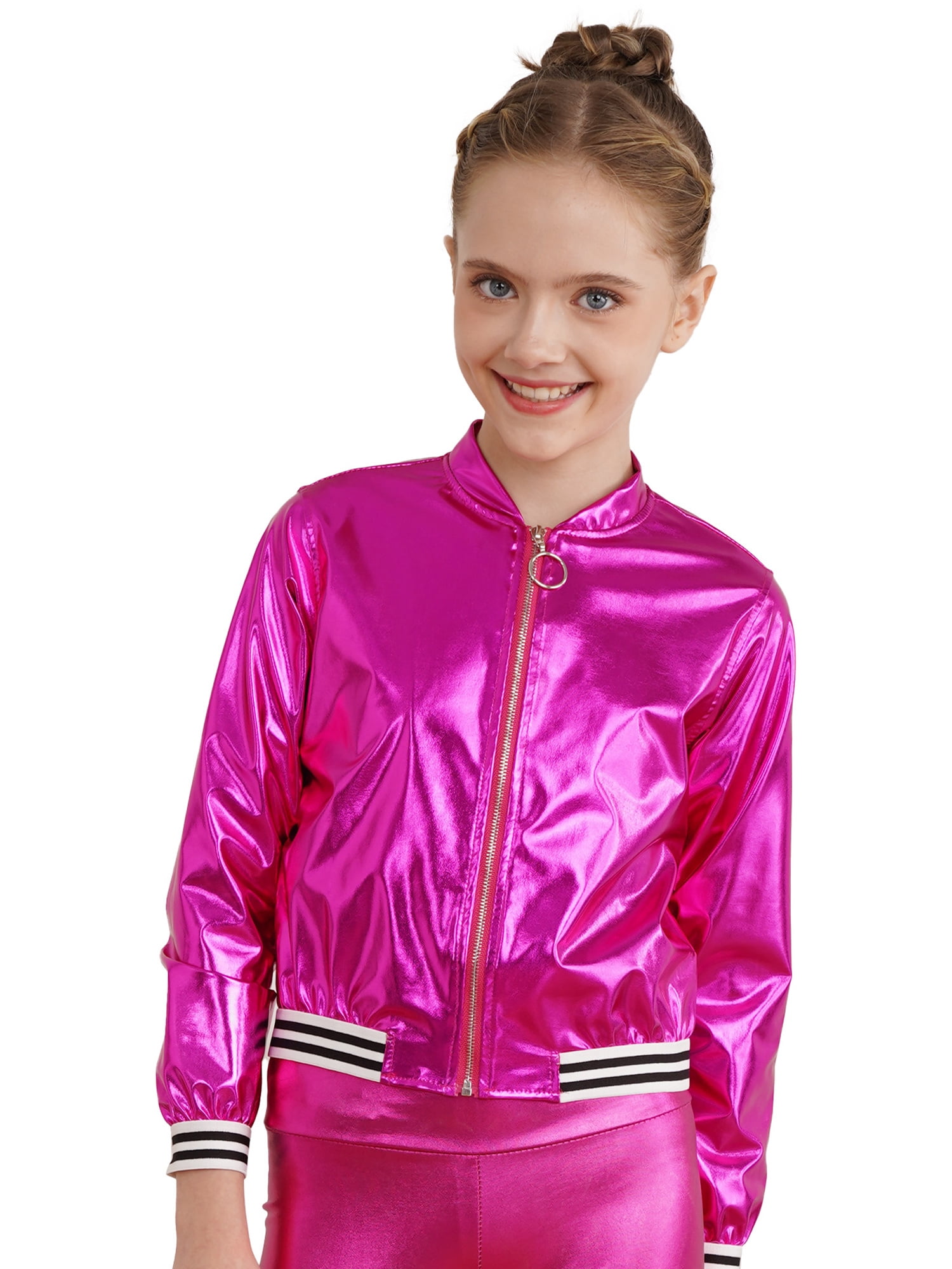 Doomiva Girls Boys Shiny Metallic Long Sleeve Bomber Jacket Jazz Hip ...